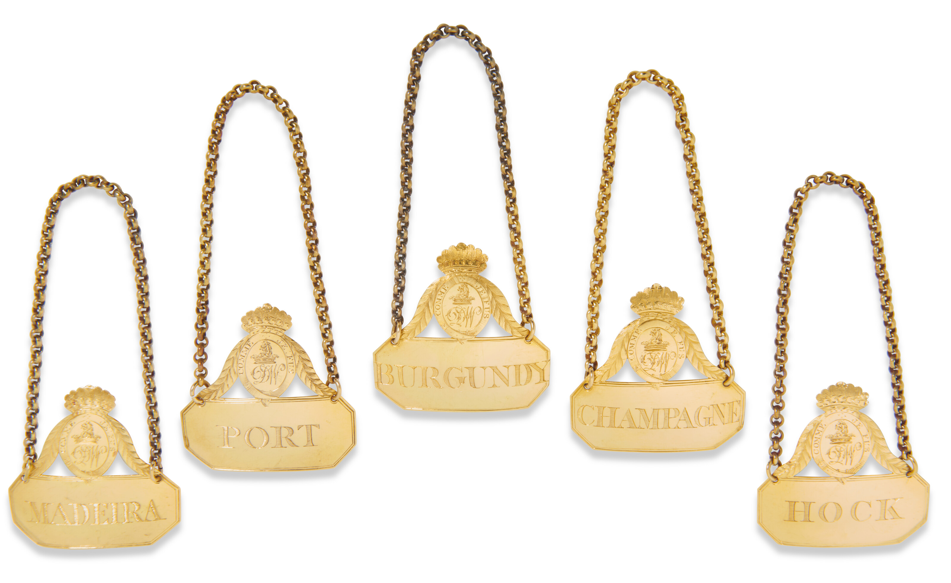 A SET OF FIVE GEORGE III GOLD WINE LABELS, MARK 'DF' POSSIBLY FOR ...