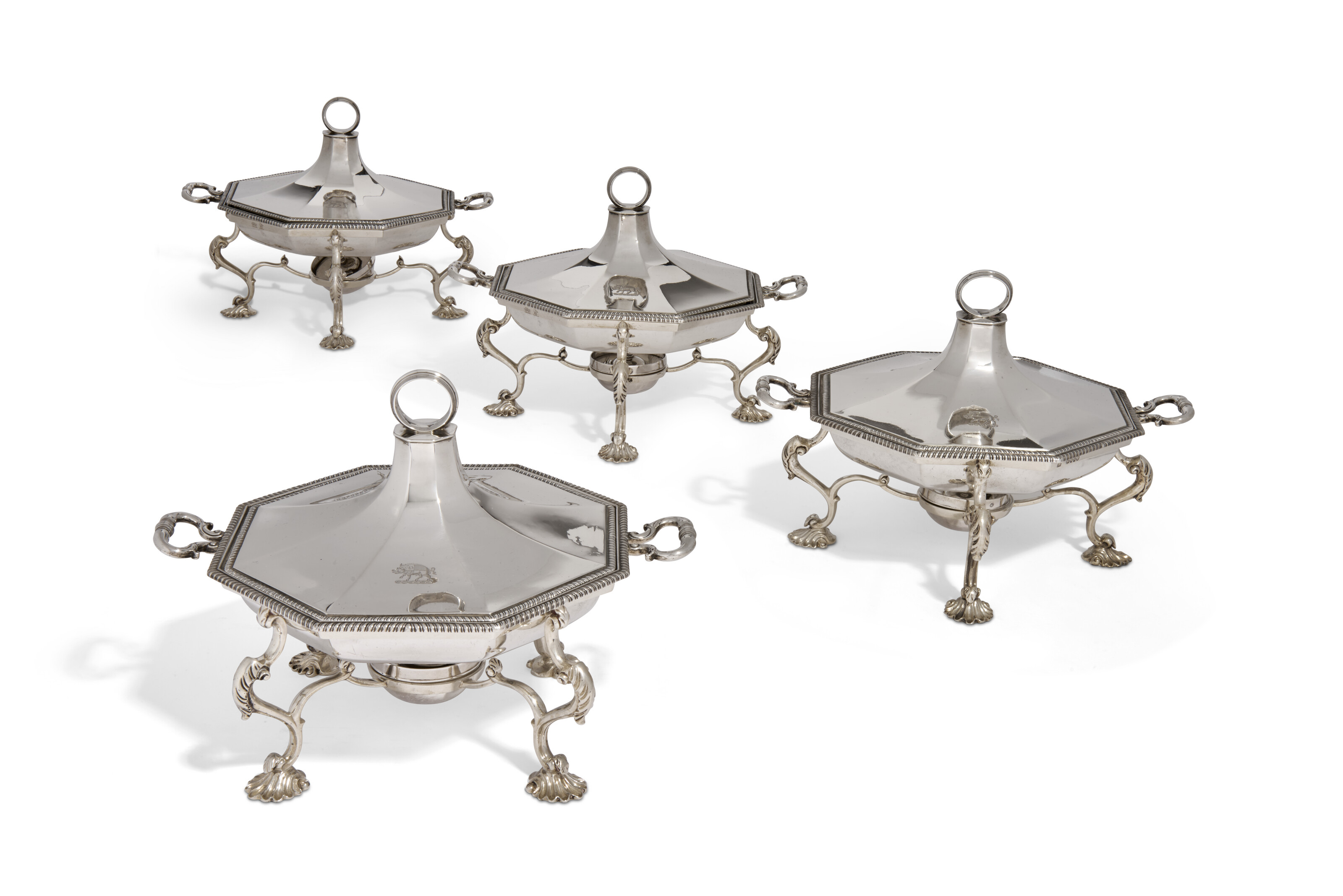 A SET OF FOUR VICTORIAN SILVER ENTREE DISHES, COVERS, STANDS AND LAMPS ...