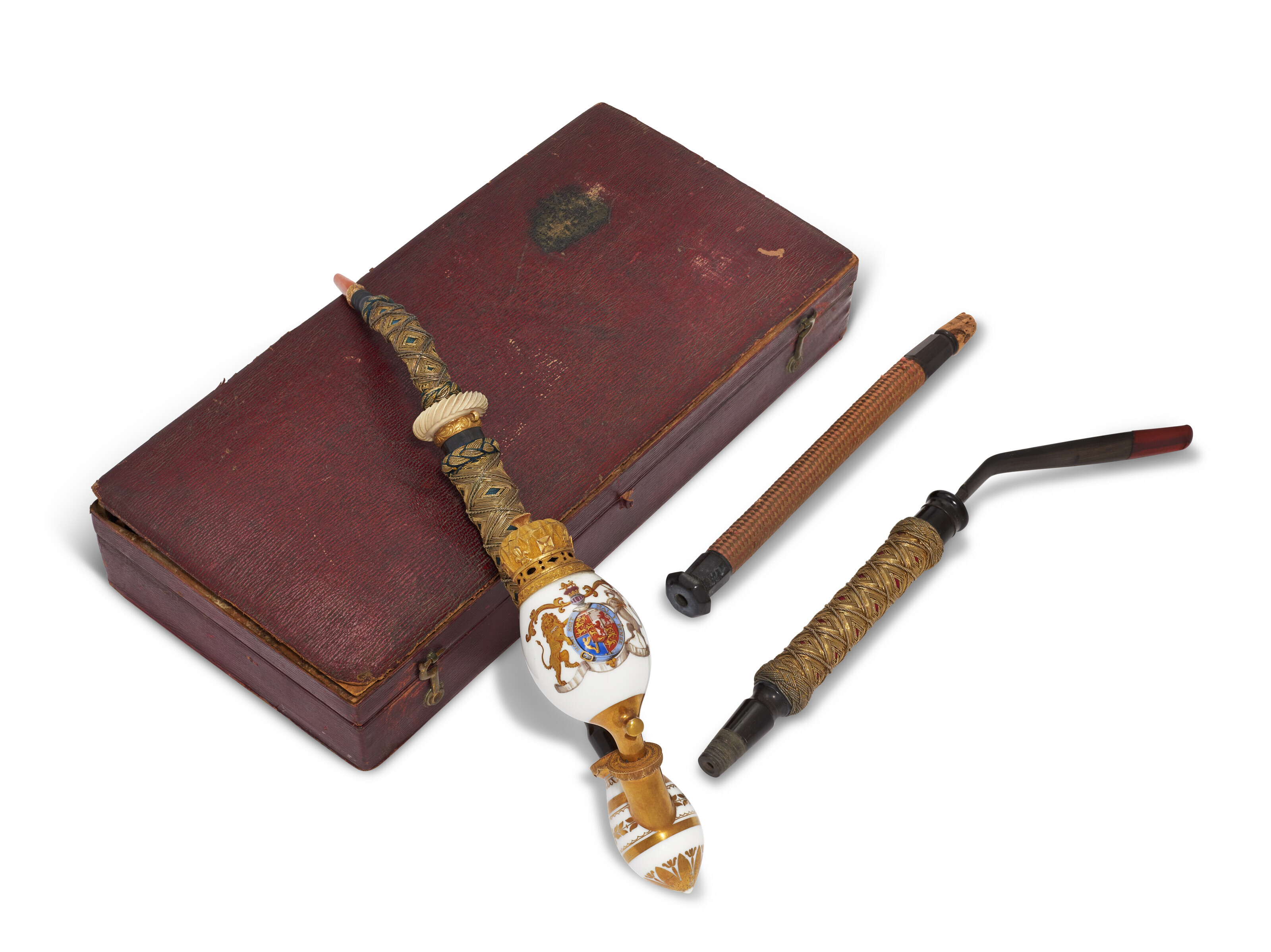 A GOLD-MOUNTED CONTINENTAL PORCELAIN HOOKAH PAINTED WITH THE ARMS OF ...