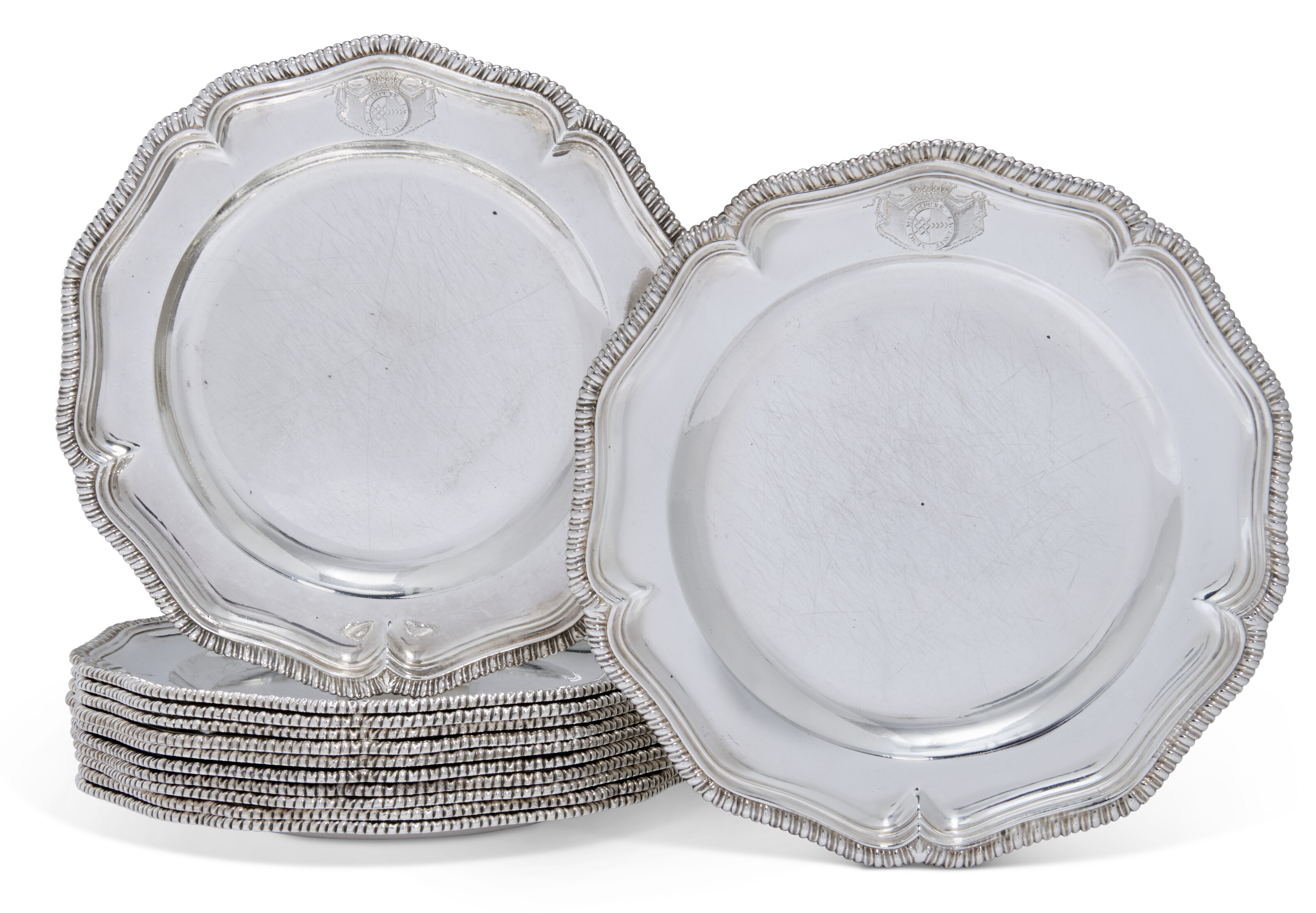 A SET OF TWELVE GEORGE II SILVER DINNER PLATES FROM THE 4TH EARL OF ...