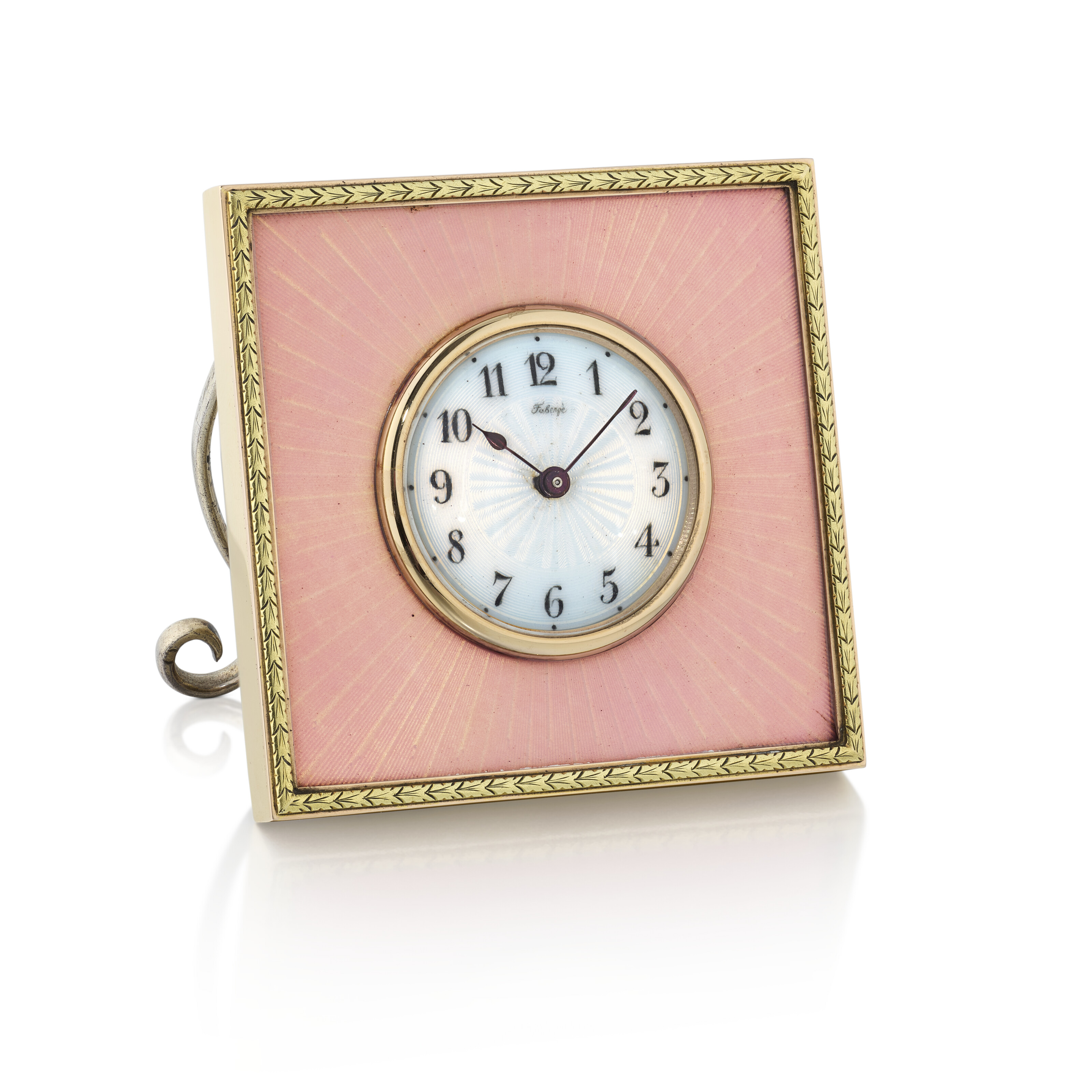A GOLD-MOUNTED AND GUILLOCHE ENAMEL SILVER MINIATURE DESK CLOCK, BY ...
