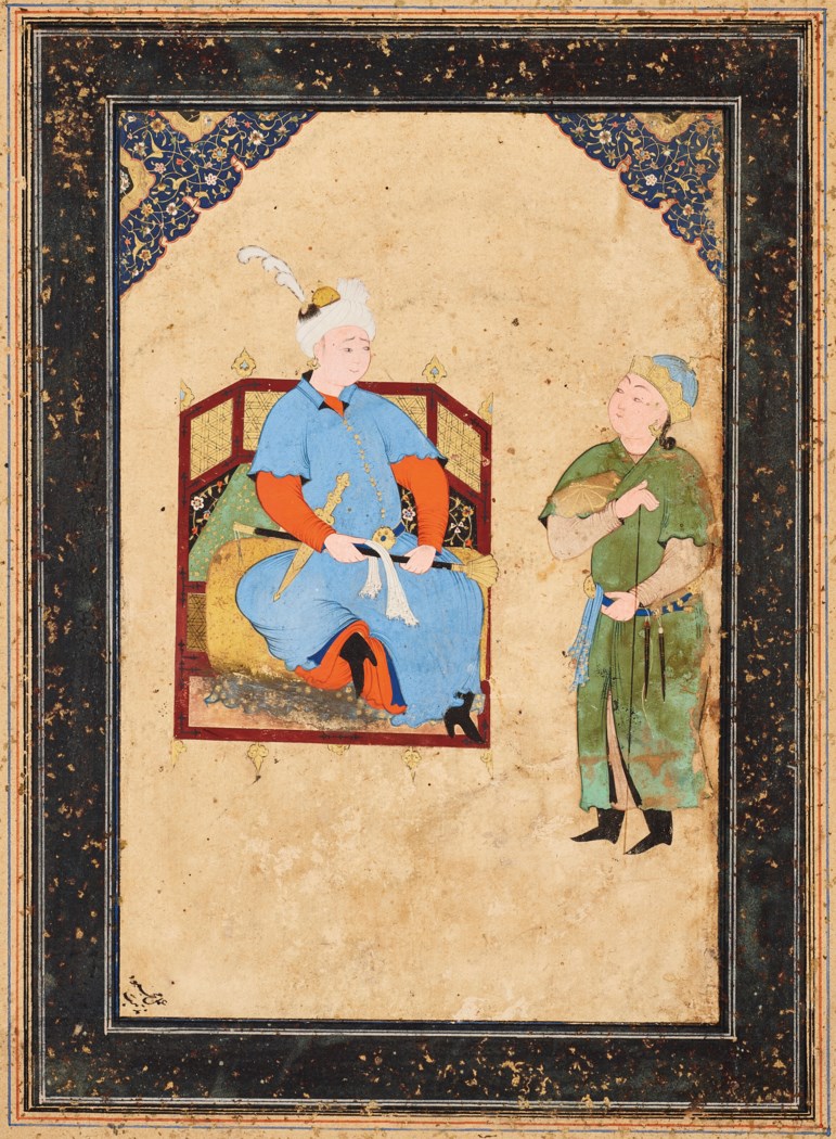 PORTRAIT OF A PRINCE WITH ATTENDANT, SIGNED MAHMUD MUZAHHIB, SHAYBANID ...