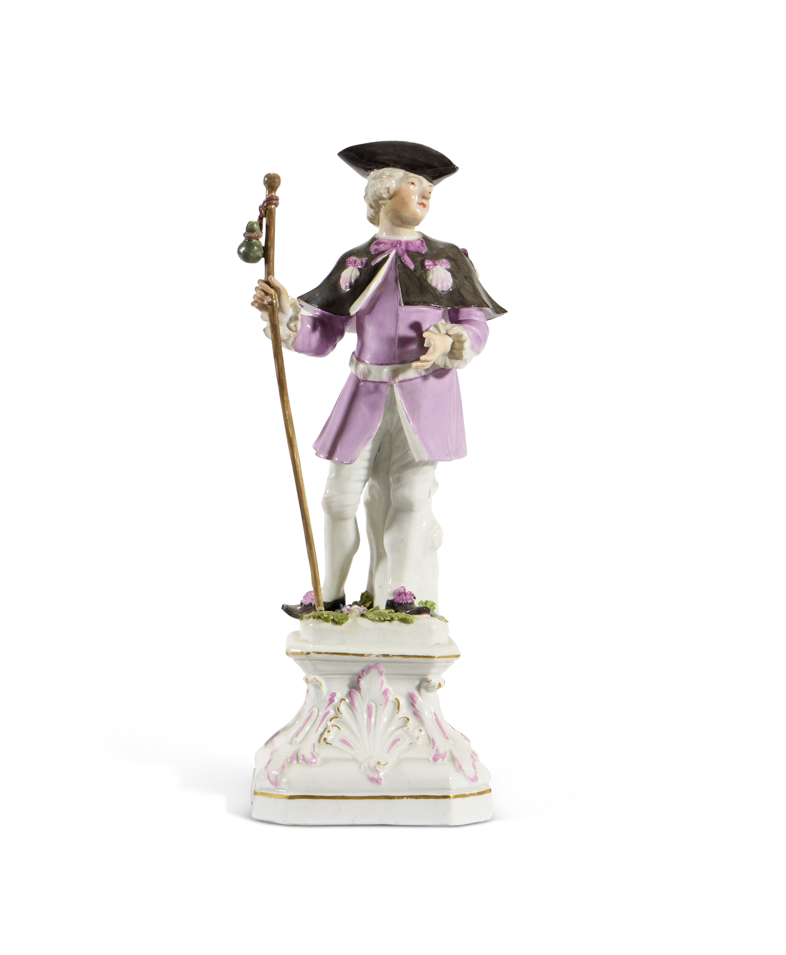 A MEISSEN PORCELAIN FIGURE OF A PILGRIM ON A PEDESTAL, CIRCA 1750, BLUE ...