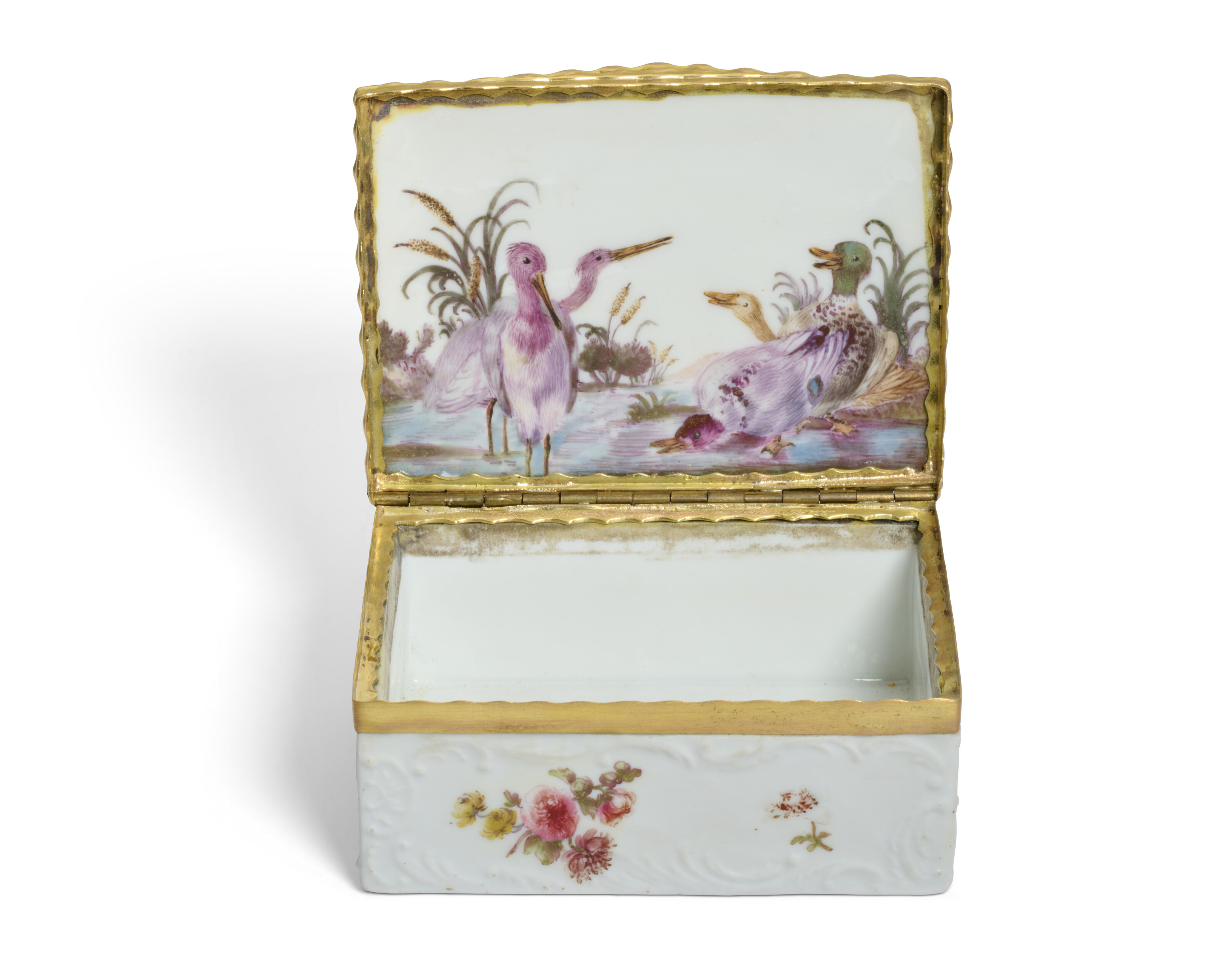 A GILT-METAL-MOUNTED GERMAN PORCELAIN SNUFF-BOX AND COVER, CIRCA 1770 ...