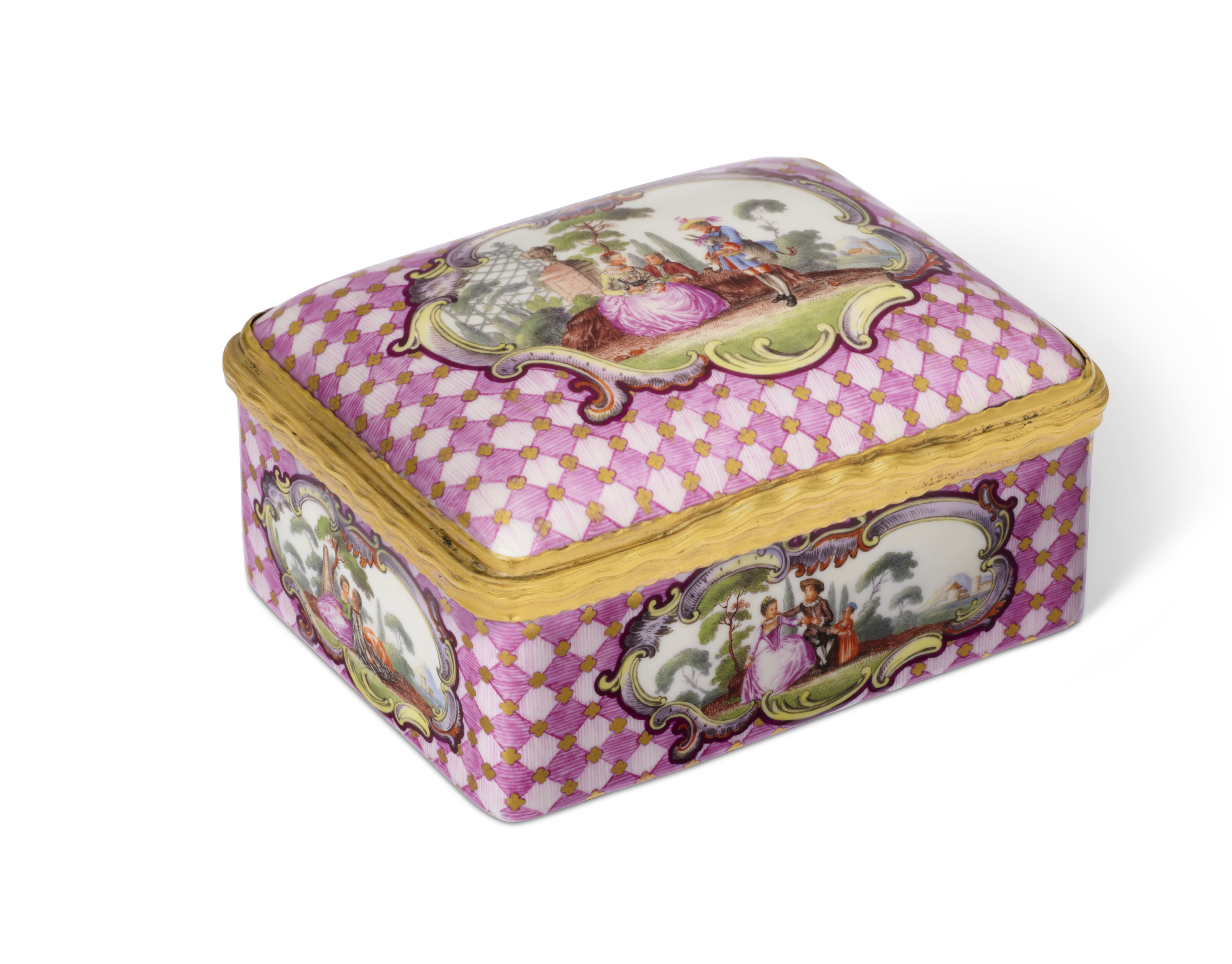 A GILT-METAL-MOUNTED MEISSEN PORCELAIN RECTANGULAR SNUFF-BOX AND COVER ...
