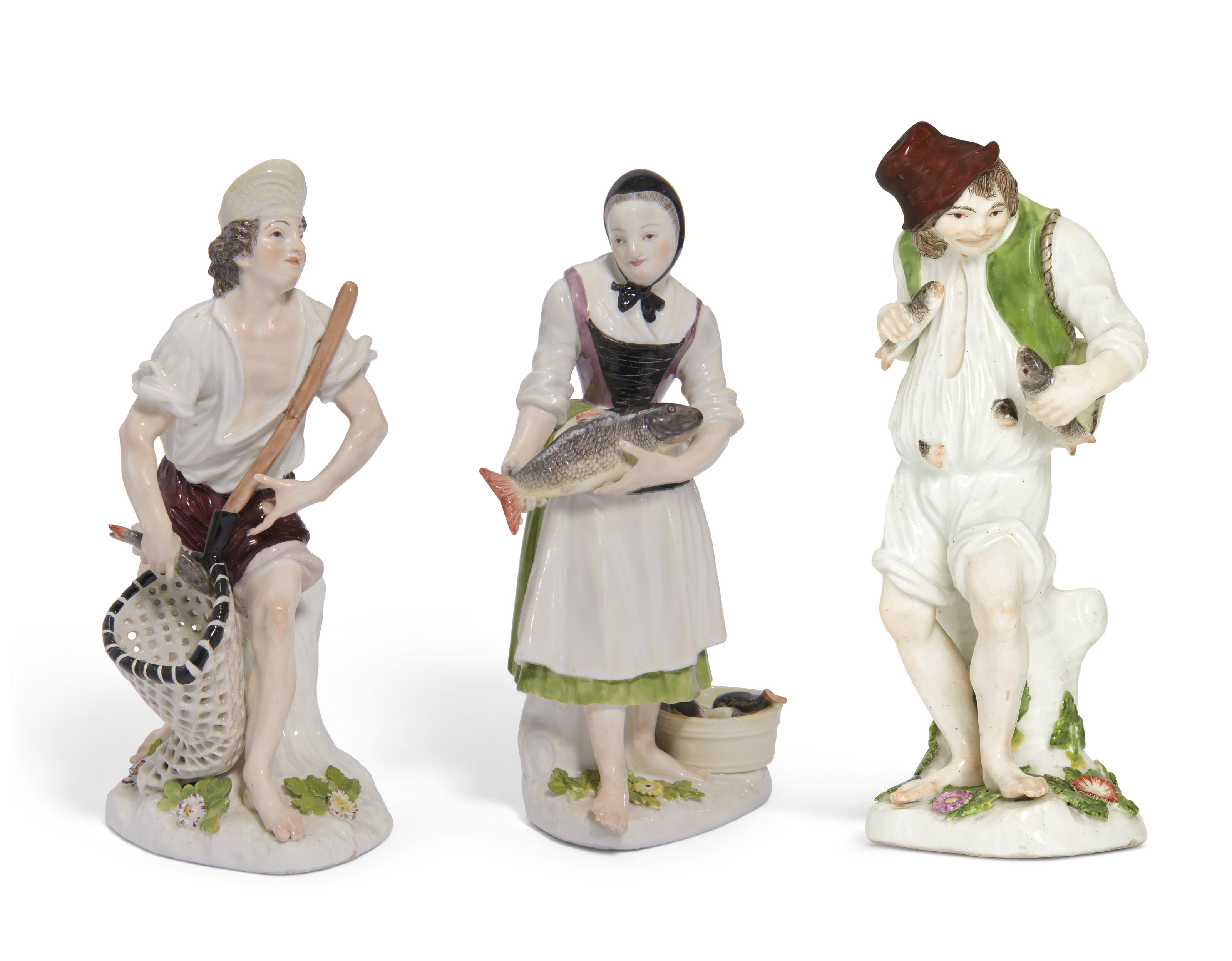 A PAIR OF MEISSEN FIGURES OF A FISHERMAN AND FISHERWOMAN, AND A FIGURE ...