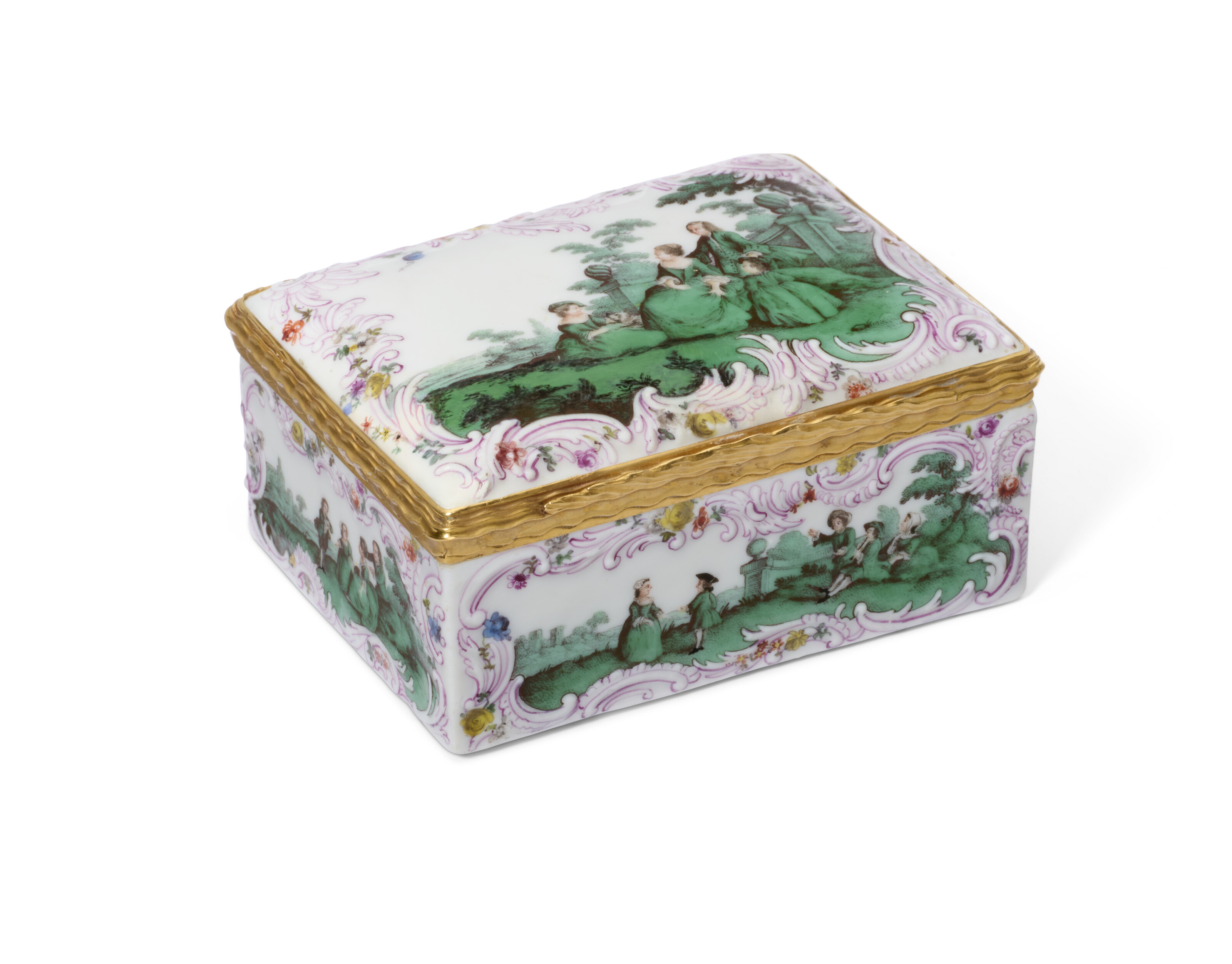 A GOLD-MOUNTED MEISSEN PORCELAIN RECTANGULAR SNUFF-BOX AND COVER, CIRCA ...