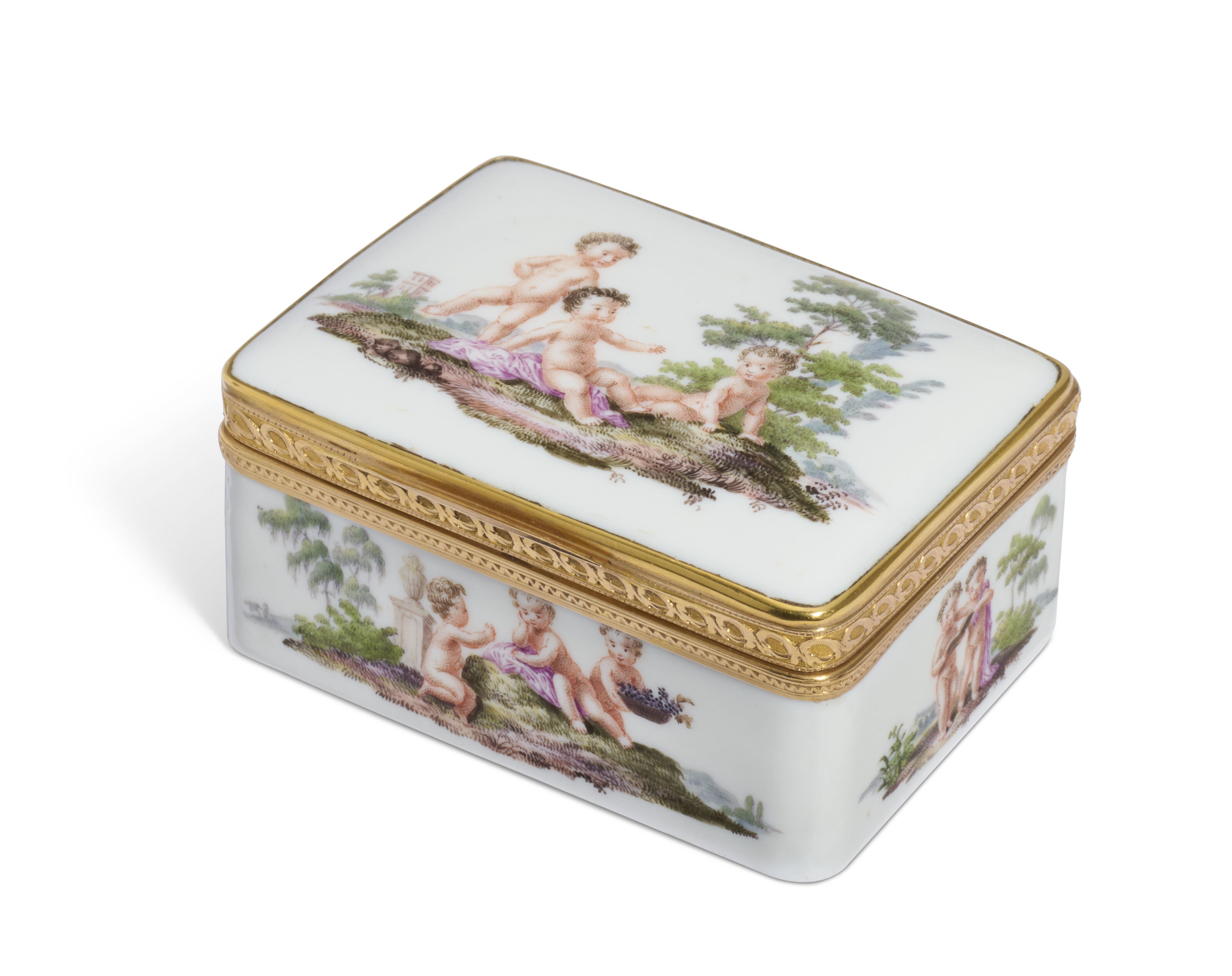 A GOLD-MOUNTED MEISSEN PORCELAIN SNUFF-BOX, CIRCA 1760, MAKER'S MARK TO ...