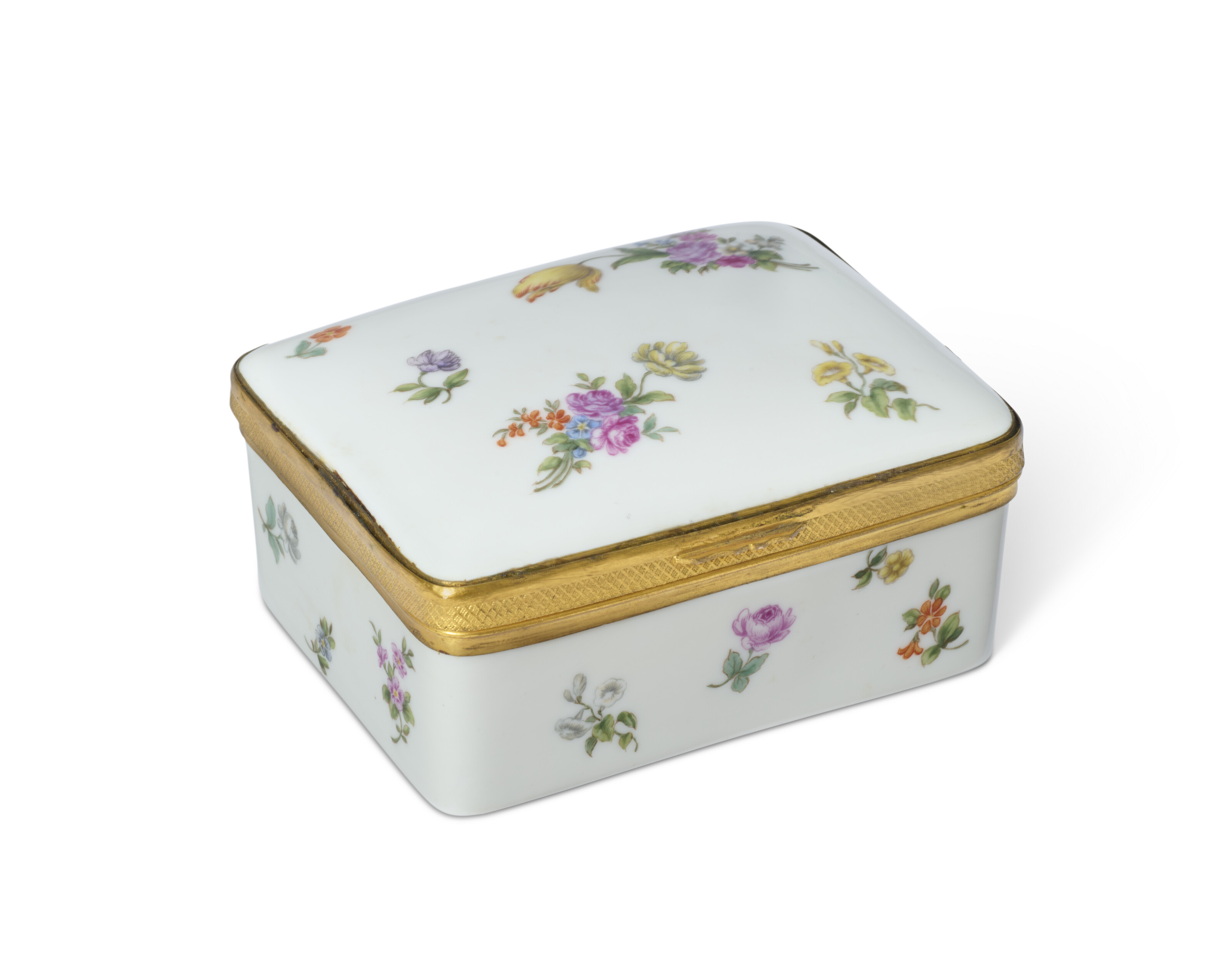 A GILT-METAL MOUNTED GERMAN PORCELAIN SNUFF-BOX AND COVER, POSSIBLY ...