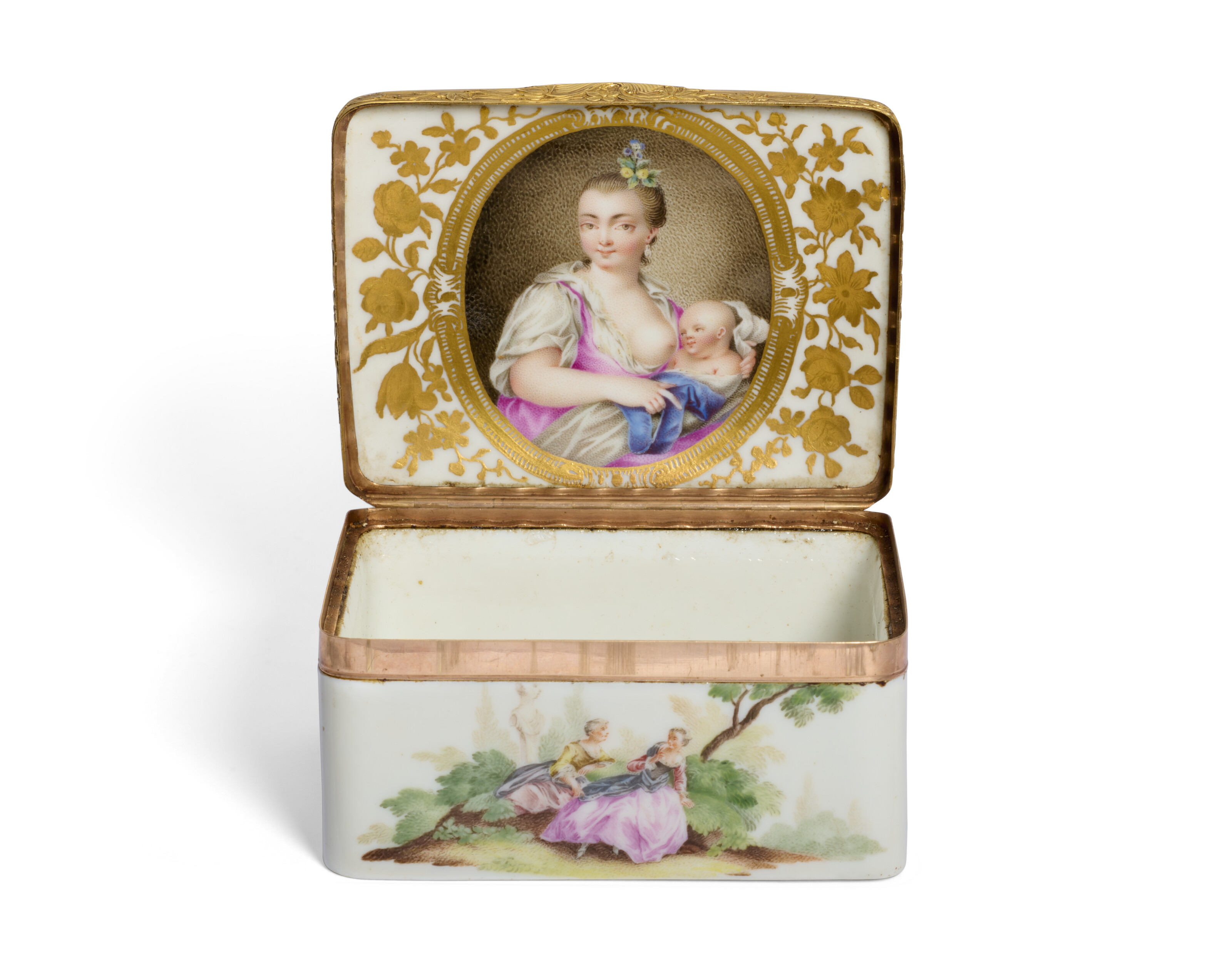 A GOLD-MOUNTED GERMAN PORCELAIN RECTANGULAR SNUFF-BOX AND COVER, CIRCA ...