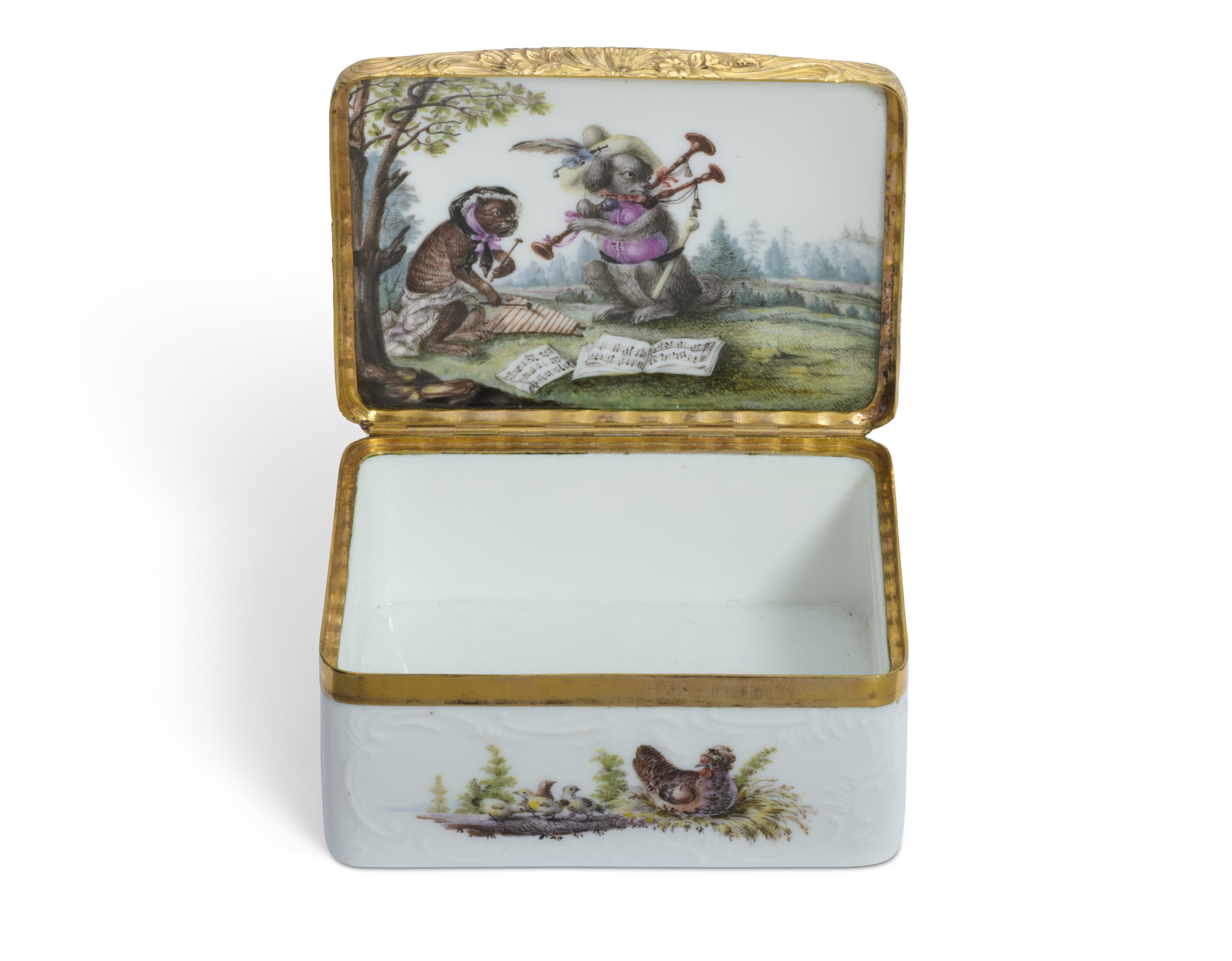 A GILT-METAL-MOUNTED MEISSEN PORCELAIN SNUFF-BOX AND COVER, CIRCA 1750 ...