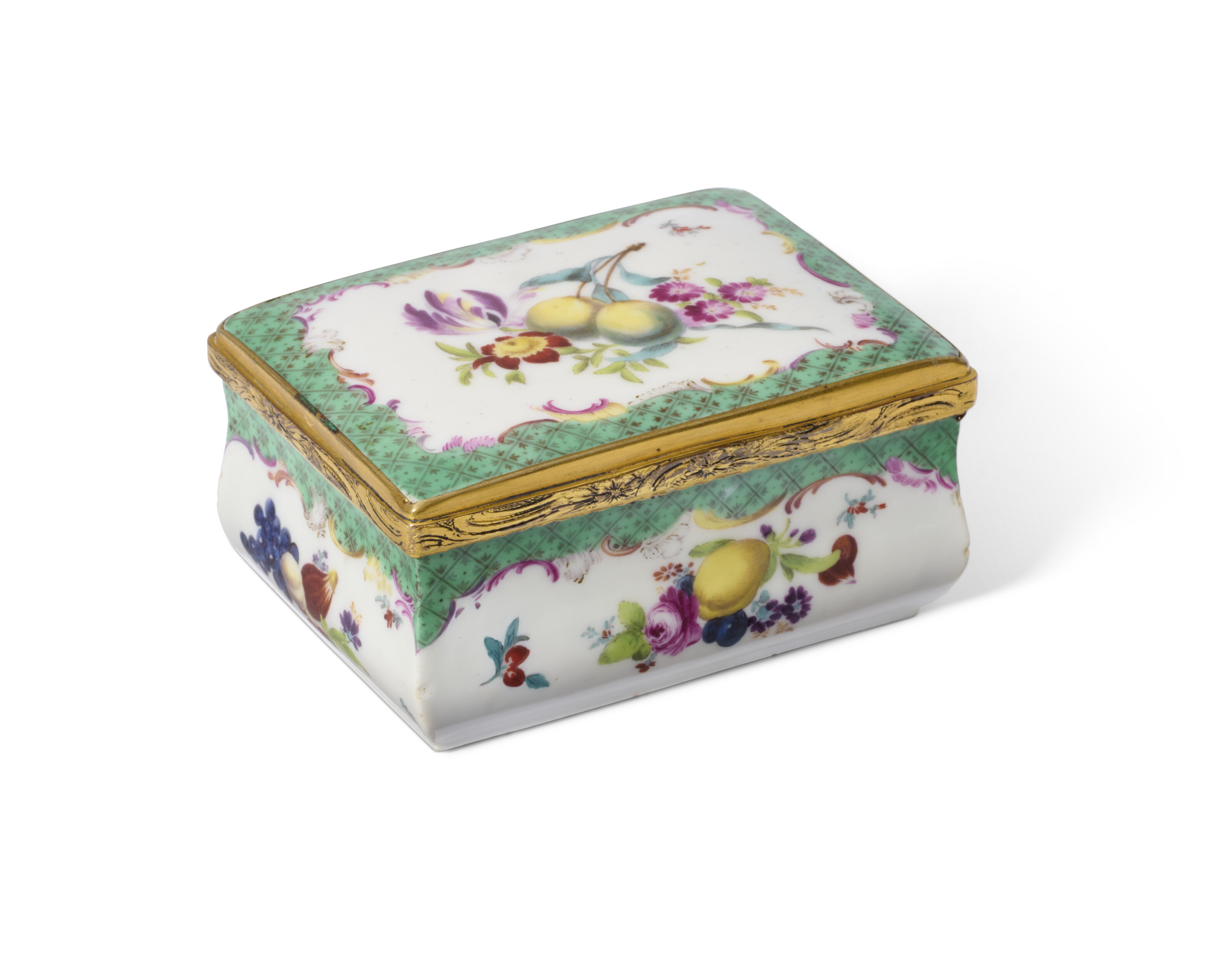 A MEISSEN PORCELAIN GILT-METAL MOUNTED RECTANGULAR SNUFF-BOX AND COVER ...