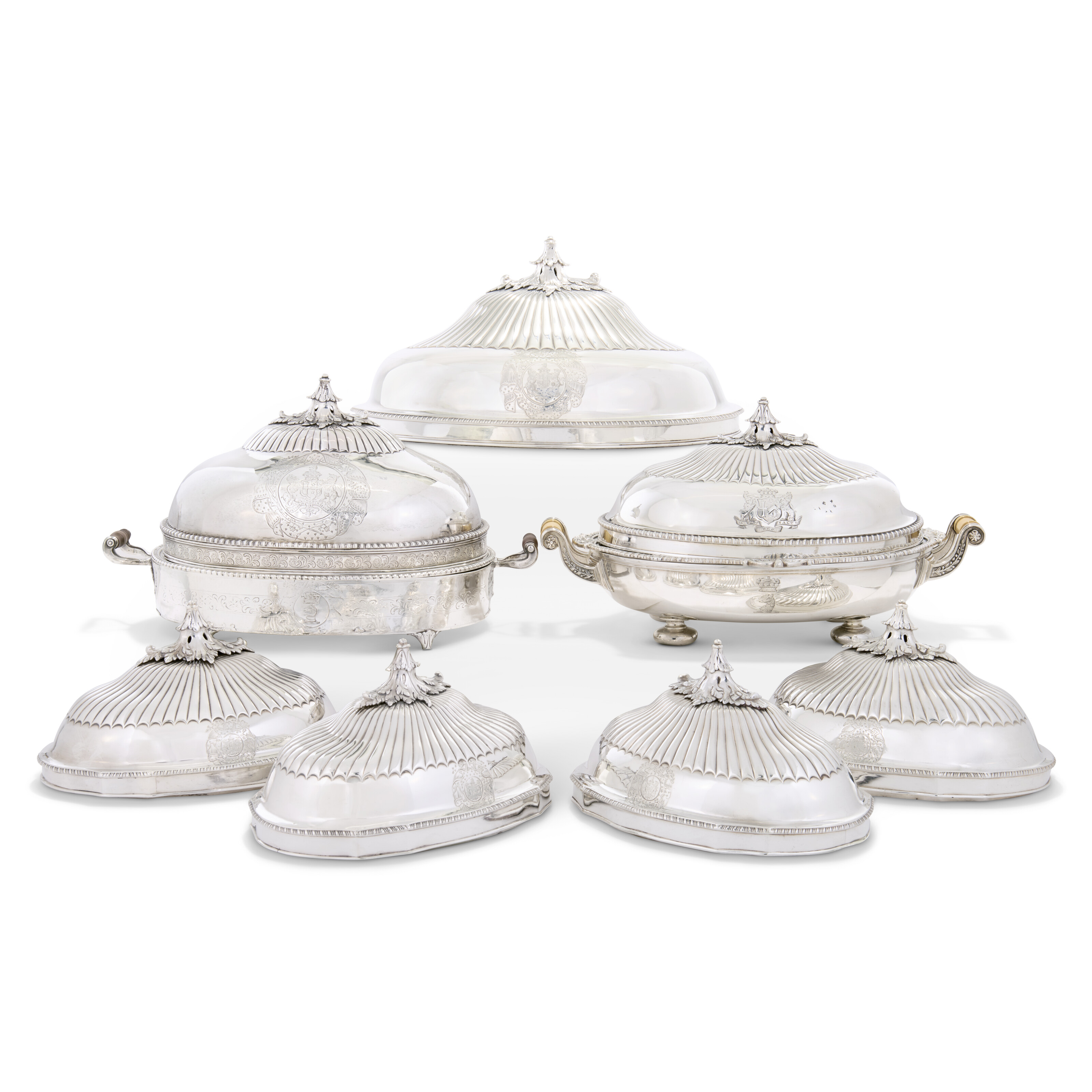 A SET OF FIVE GEORGE III DISH COVERS AND TWO ENTREE-DISHES, COVERS AND ...