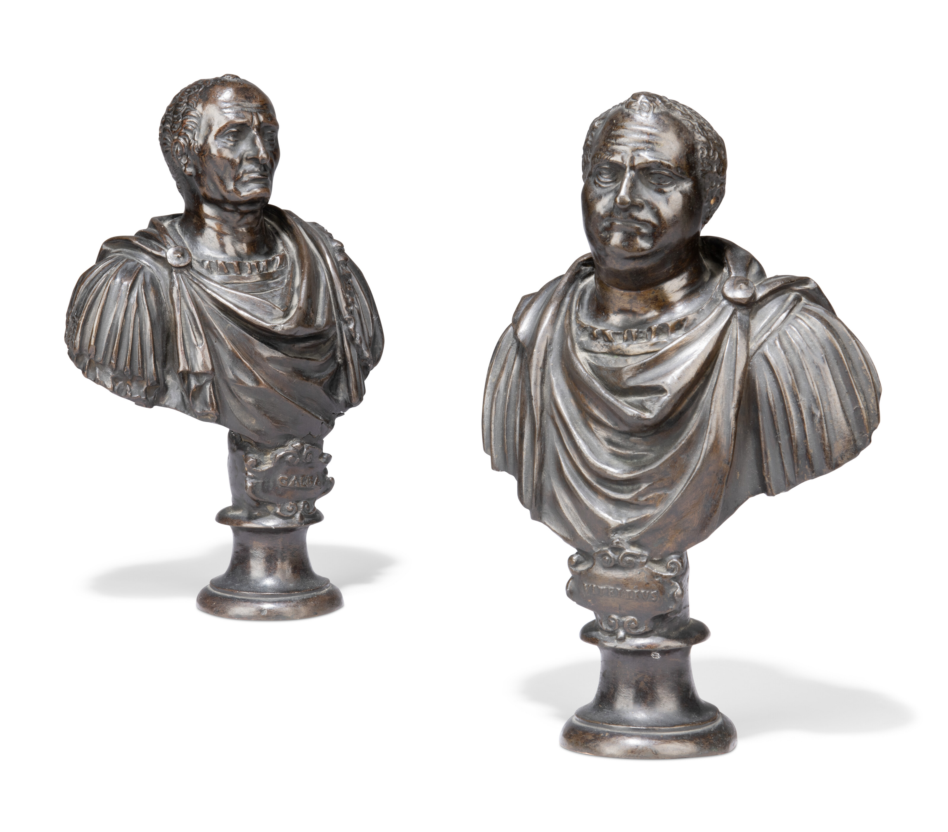 A PAIR OF ITALIAN BRONZE BUSTS OF THE ROMAN EMPERORS VITELLIUS AND ...