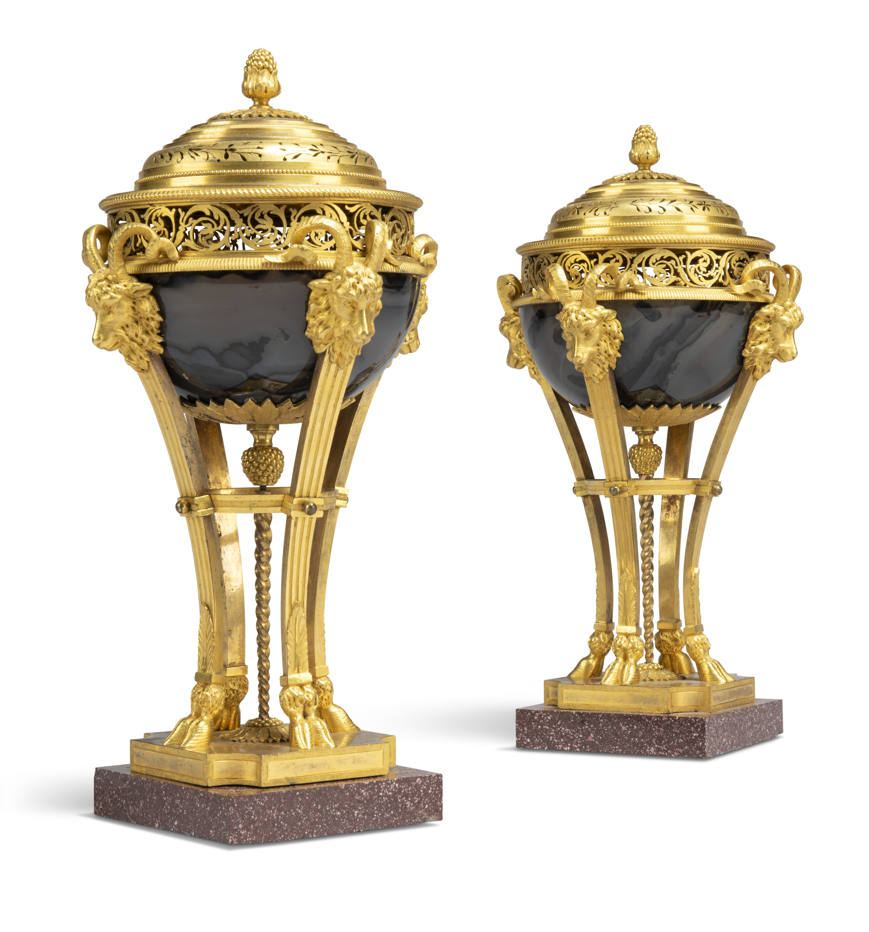 A PAIR OF LOUIS XVI GILT-BRONZE MOUNTED AGATE AND PORPHYRY POT-POURRI ...