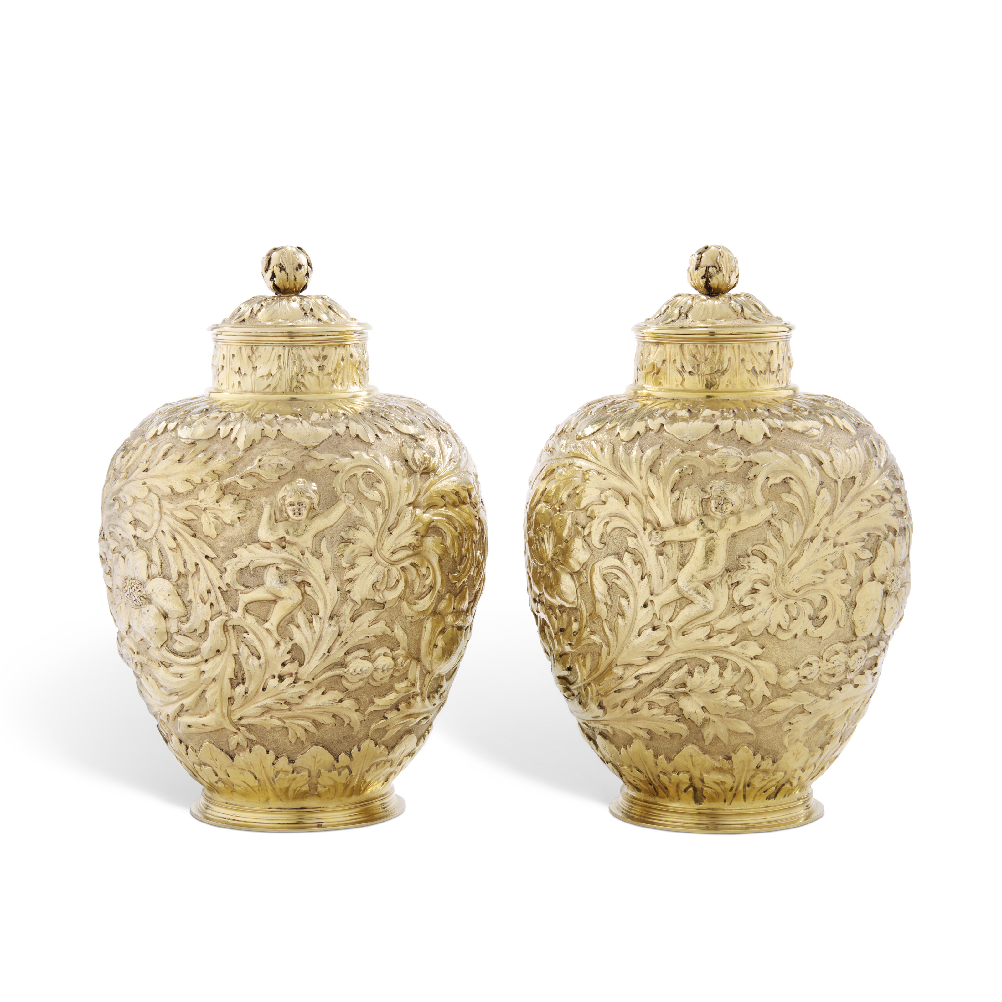 A PAIR OF GEORGE V SILVER-GILT FURNISHING VASES, MARK OF LIONEL ALFRED ...