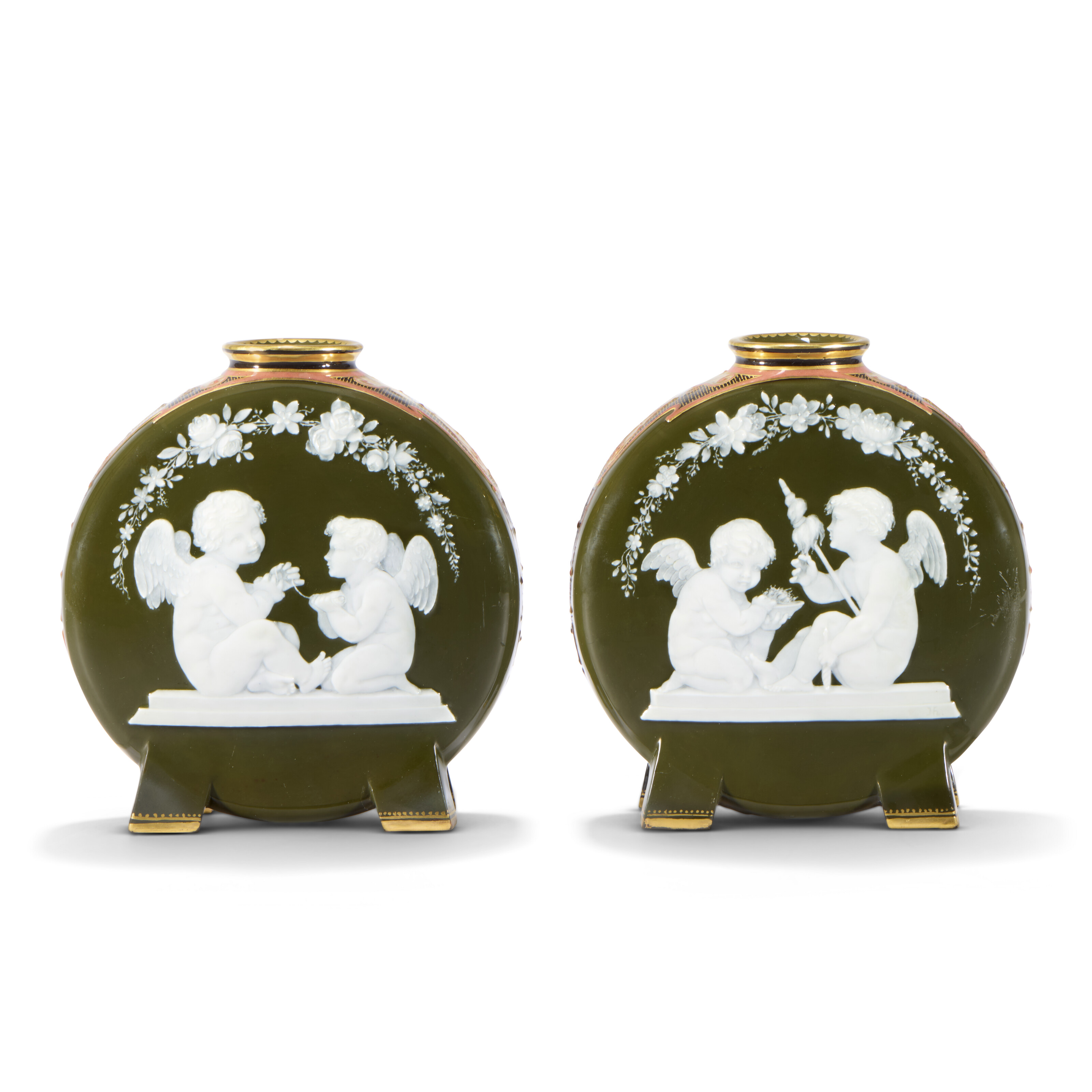 A PAIR OF MINTON PATE-SUR-PATE OLIVE GREEN GROUND MOON-FLASKS, 1881 ...