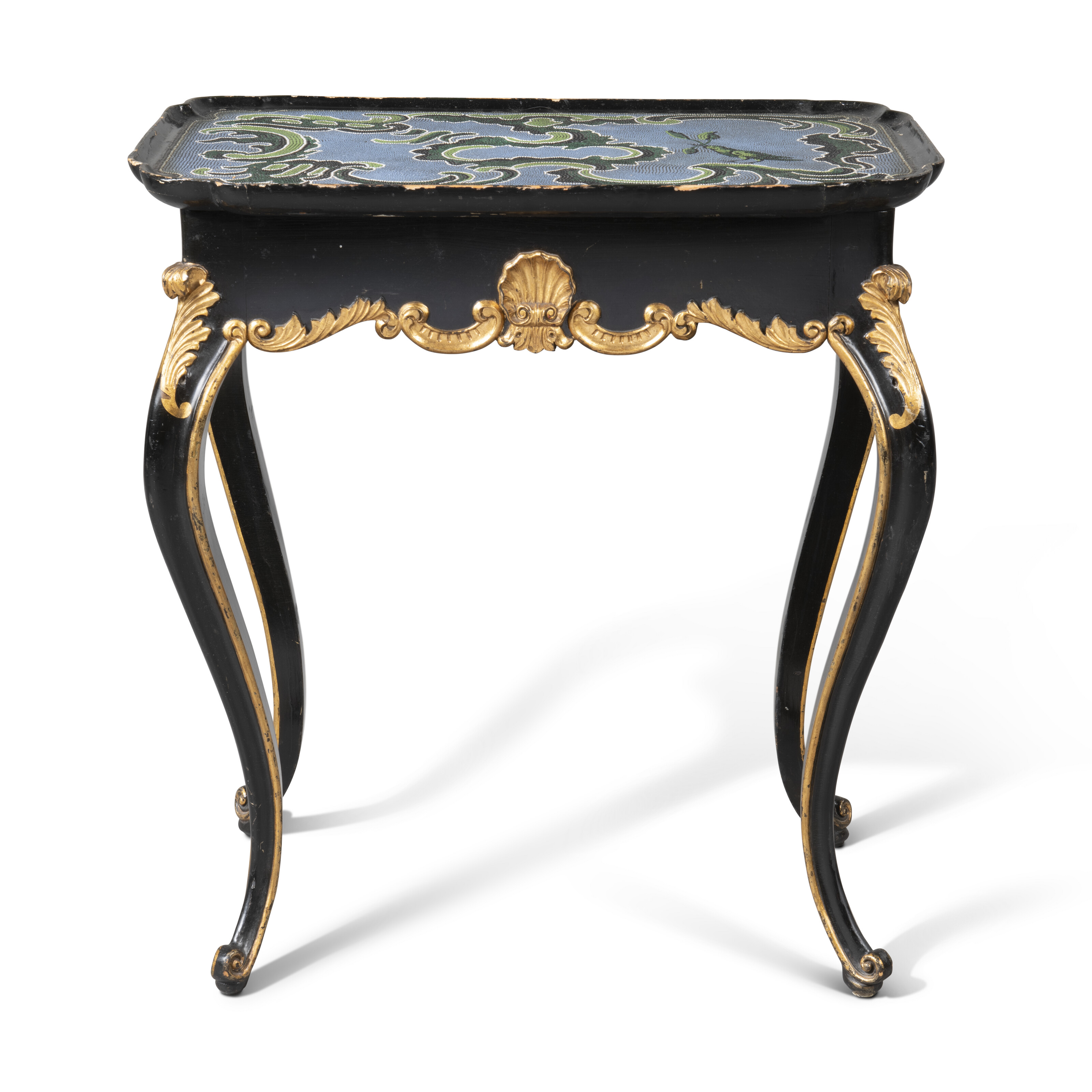 A GERMAN BEADWORK, EBONISED AND PARCEL-GILT CENTER TABLE, BRAUNSCHWEIG ...