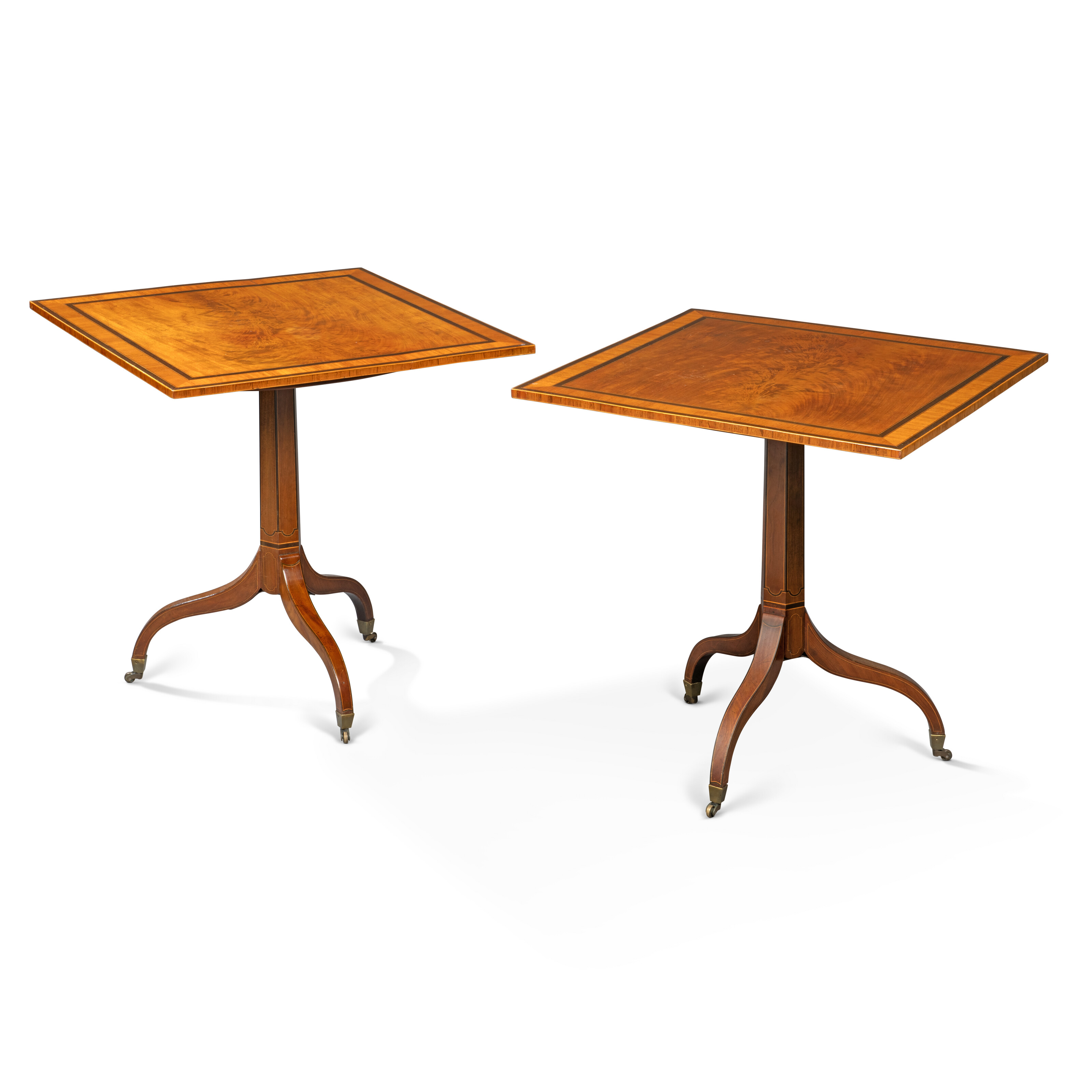 A PAIR OF ENGLISH MAHOGANY, AMARANTH AND ROSEWOOD TRIPOD TABLES, SECOND ...
