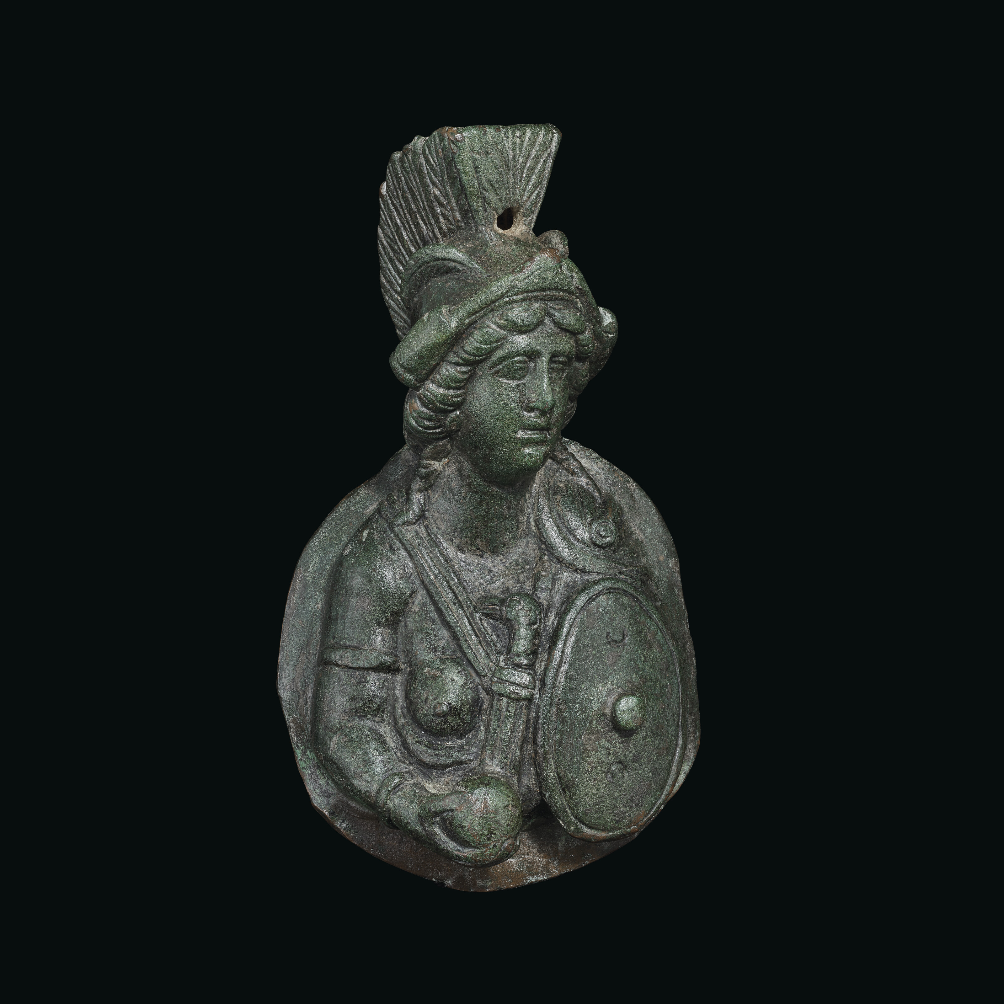 A ROMAN BRONZE STEELYARD WEIGHT IN THE FORM OF A BUST OF ROMA, CIRCA ...