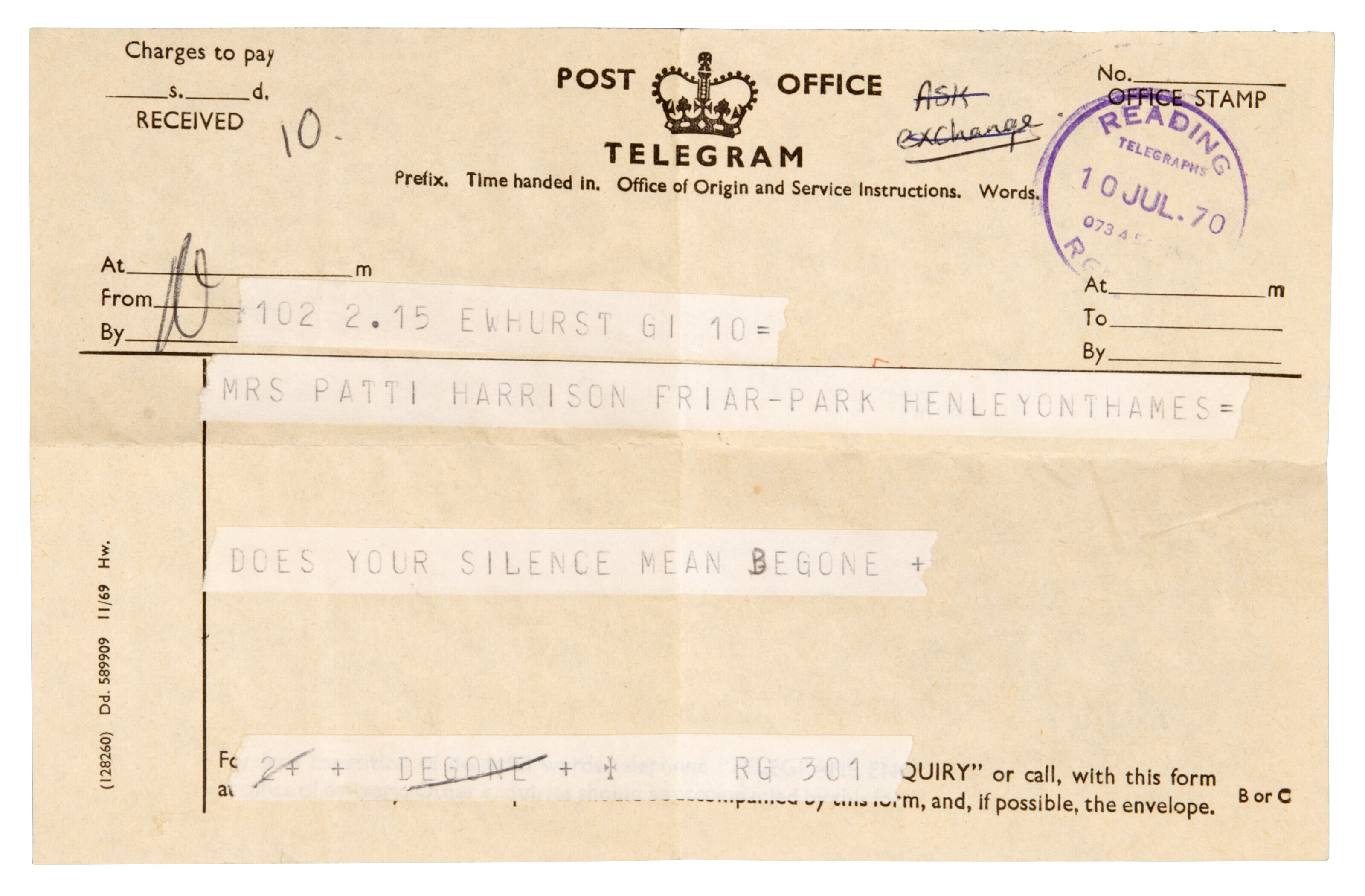 Eric Clapton, A telegram to Pattie Boyd, 1970 | Christie’s