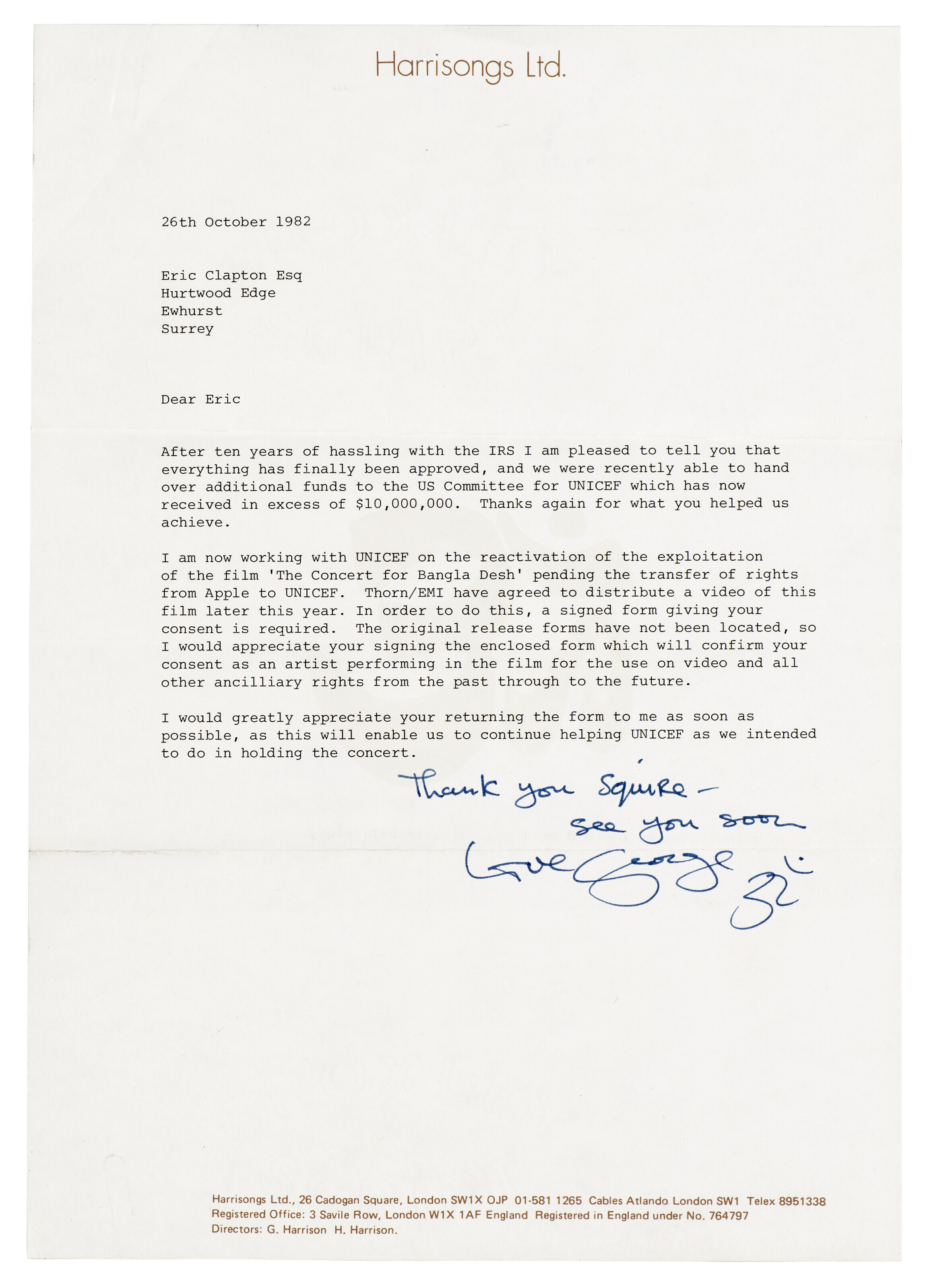 George Harrison, A typescript letter signed, 1982 | Christie’s