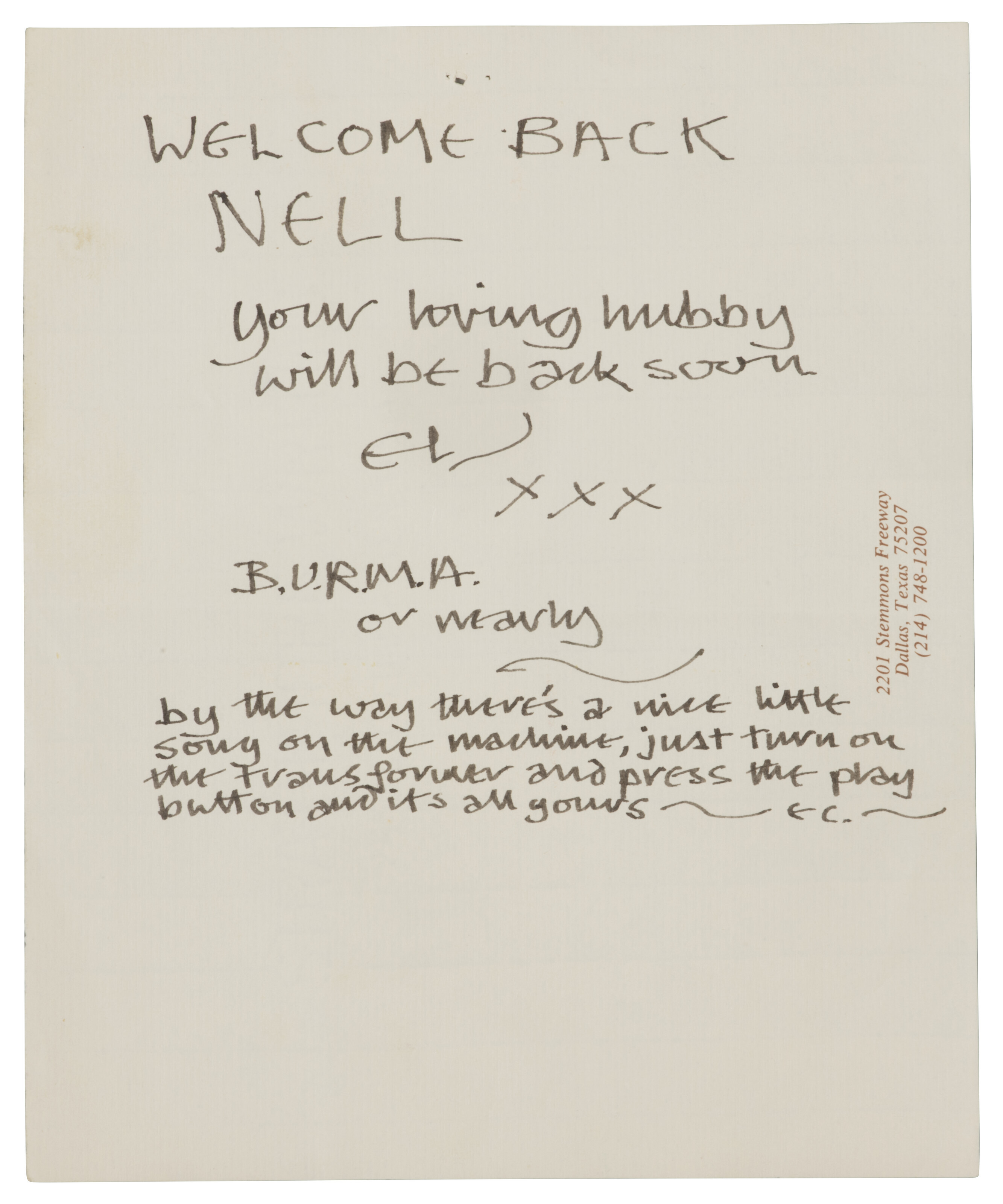 Eric Clapton, A handwritten note, 1979 | Christie’s