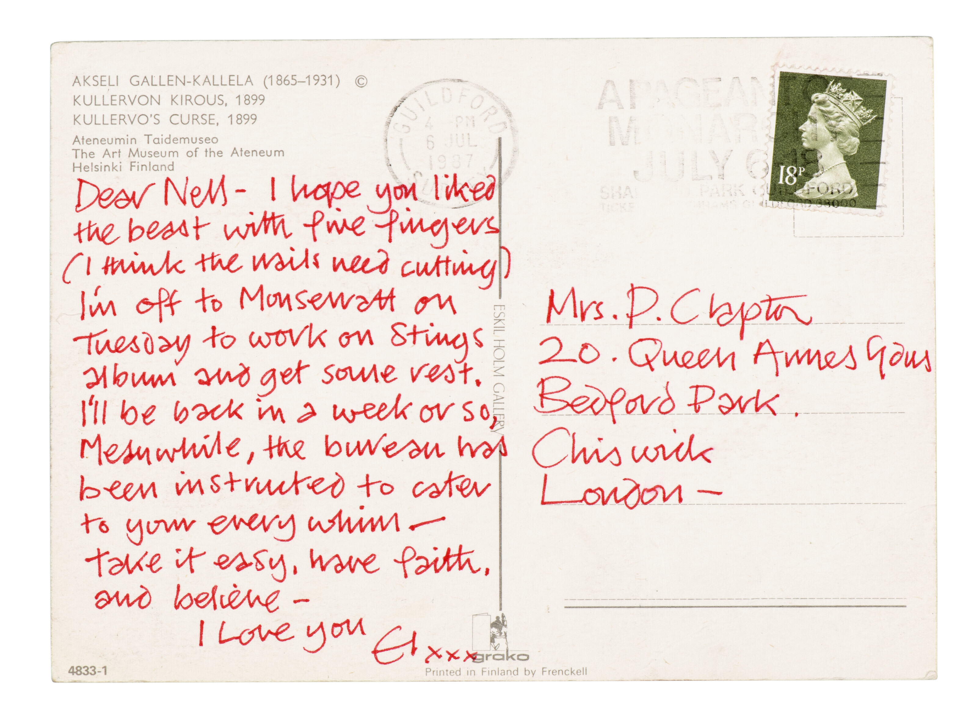 Eric Clapton, A handwritten postcard, 1987 | Christie’s