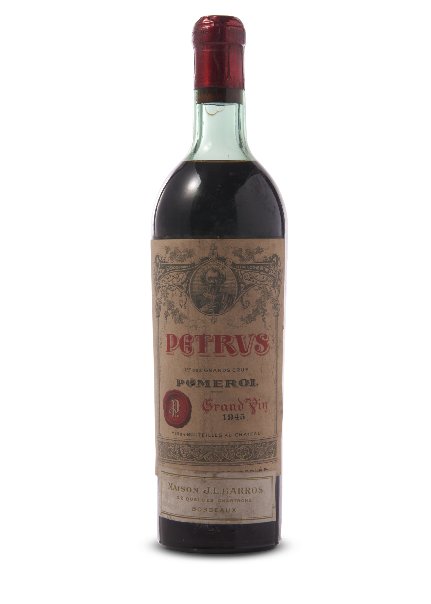 Petrus, Pomerol 1945, Scuffed capsule. Bin-soiled and slightly detached ...