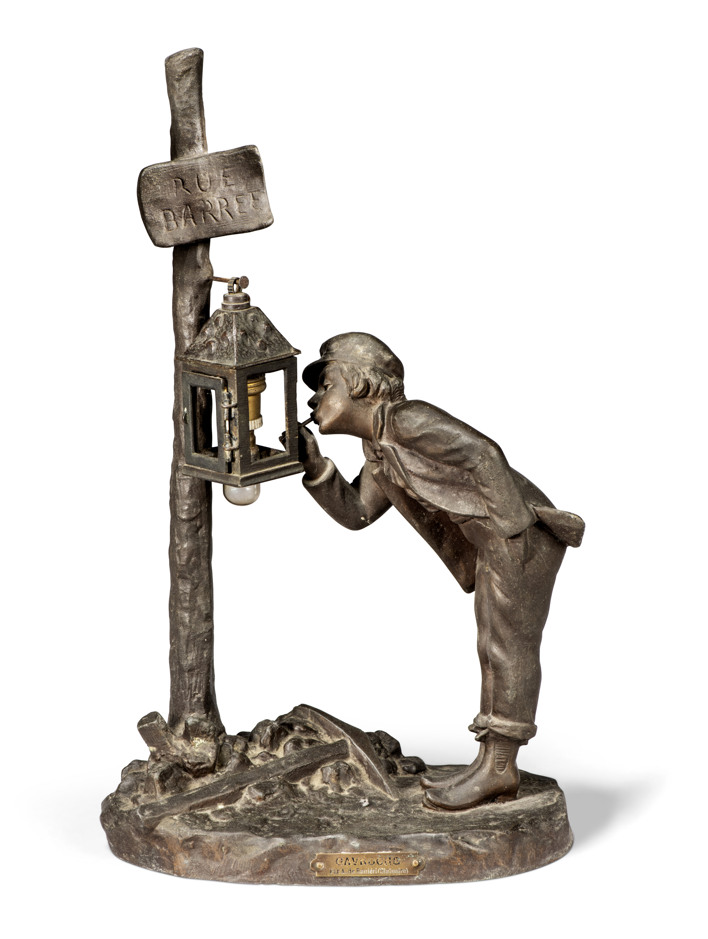 A PATINATED-SPELTER 'LE GAVROCHE' LAMP, AFTER ARISTIDE DE RANIERI, LATE ...
