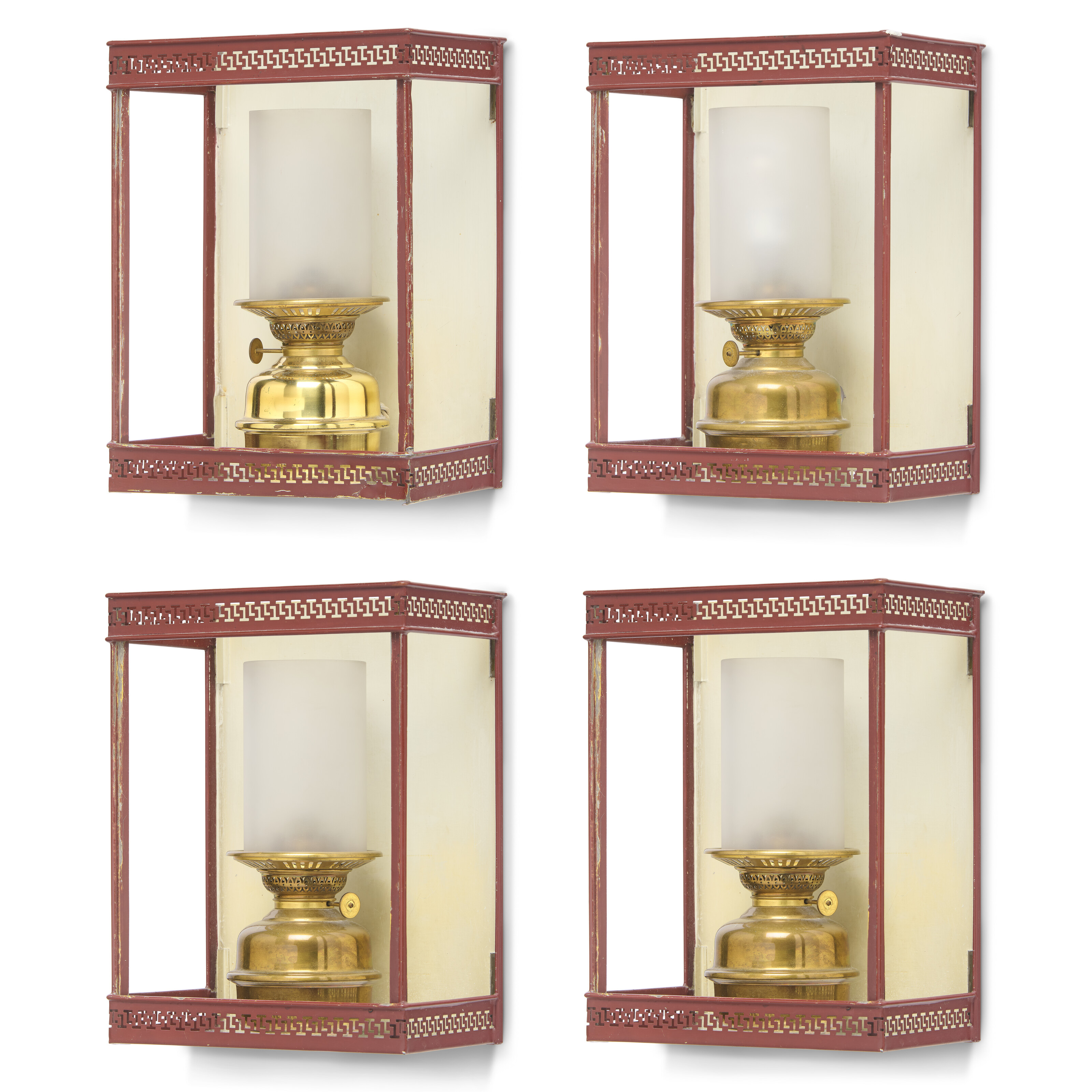 A SET OF FOUR RED TOLE-PEINTE GLAZED WALL LANTERNS, SECOND HALF 20TH ...