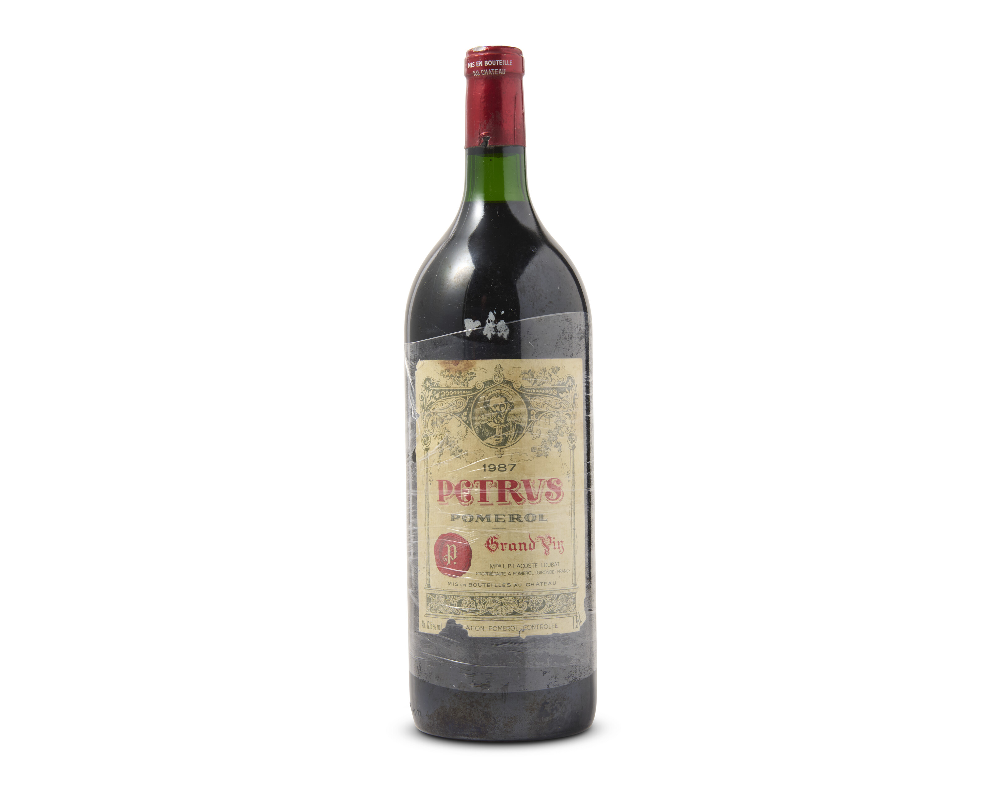 Petrus 1987, Scuffed capsule. Badly bin-soiled and damaged label. Level ...