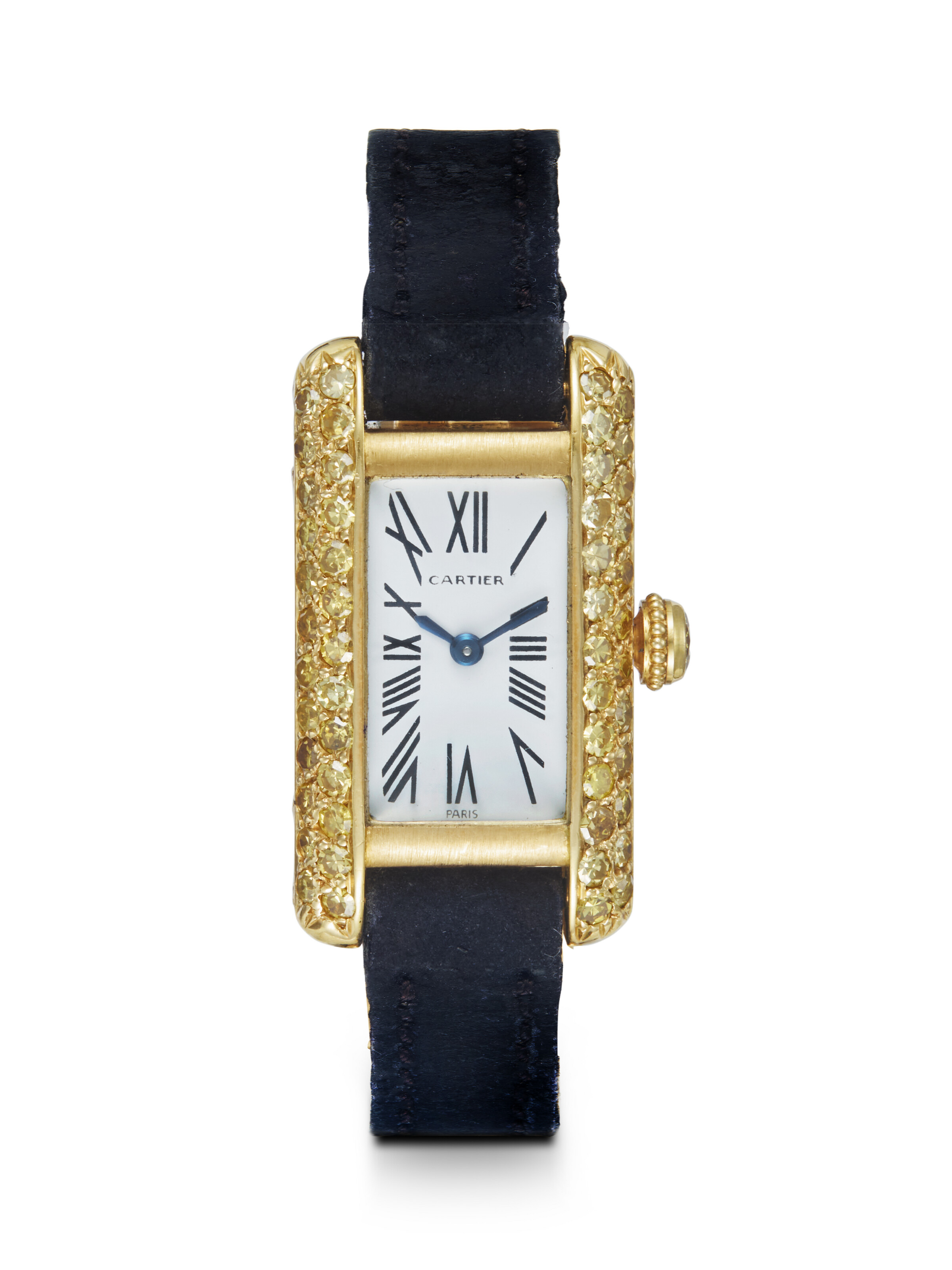 CARTIER TANK, A RARE AND ATTRACTIVE GOLD AND YELLOW SAPPHIRE-SET MANUAL ...
