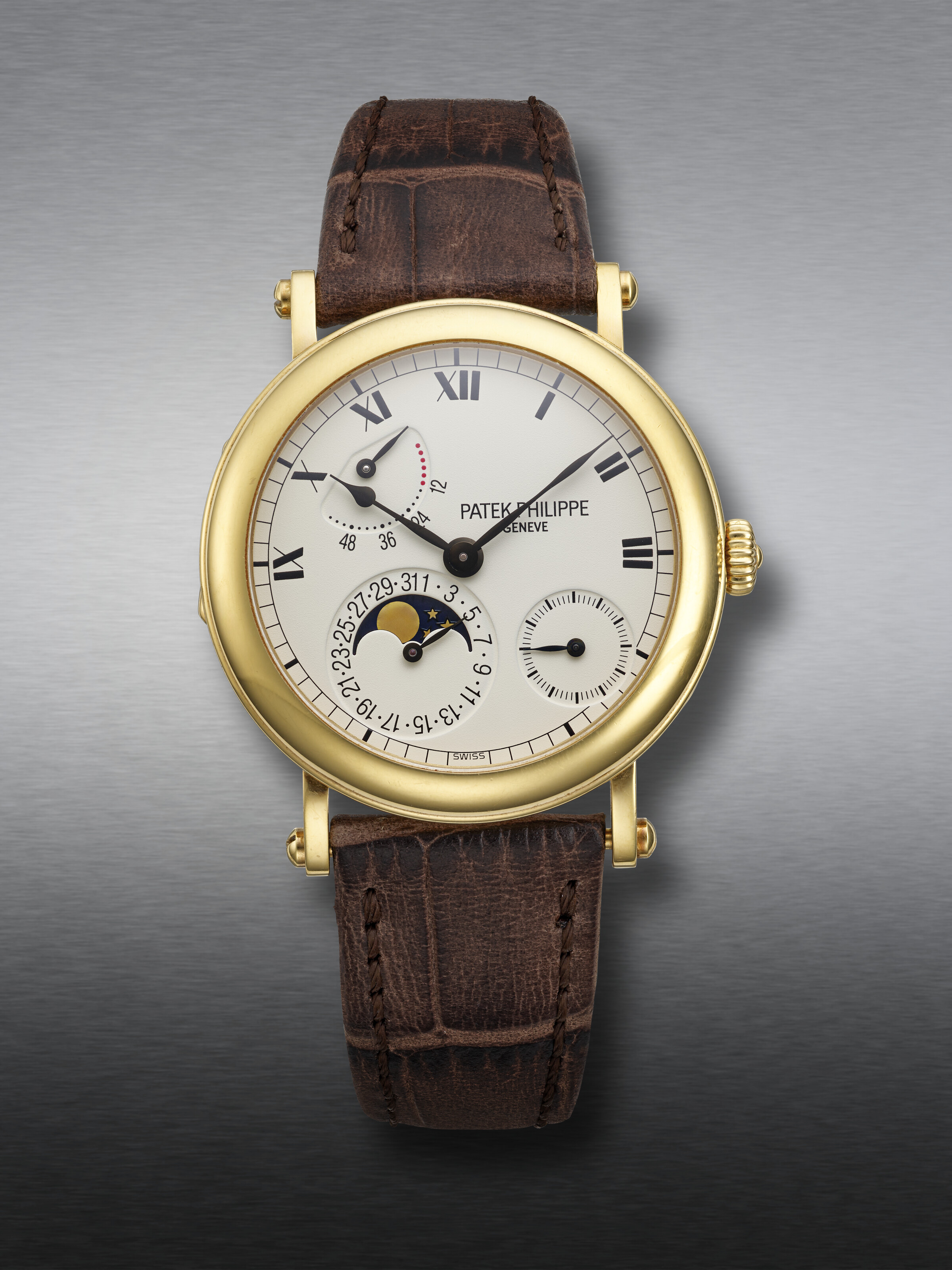 PATEK PHILIPPE, YELLOW GOLD WRISTWATCH WITH MOON PHASES AND OFFICIER ...