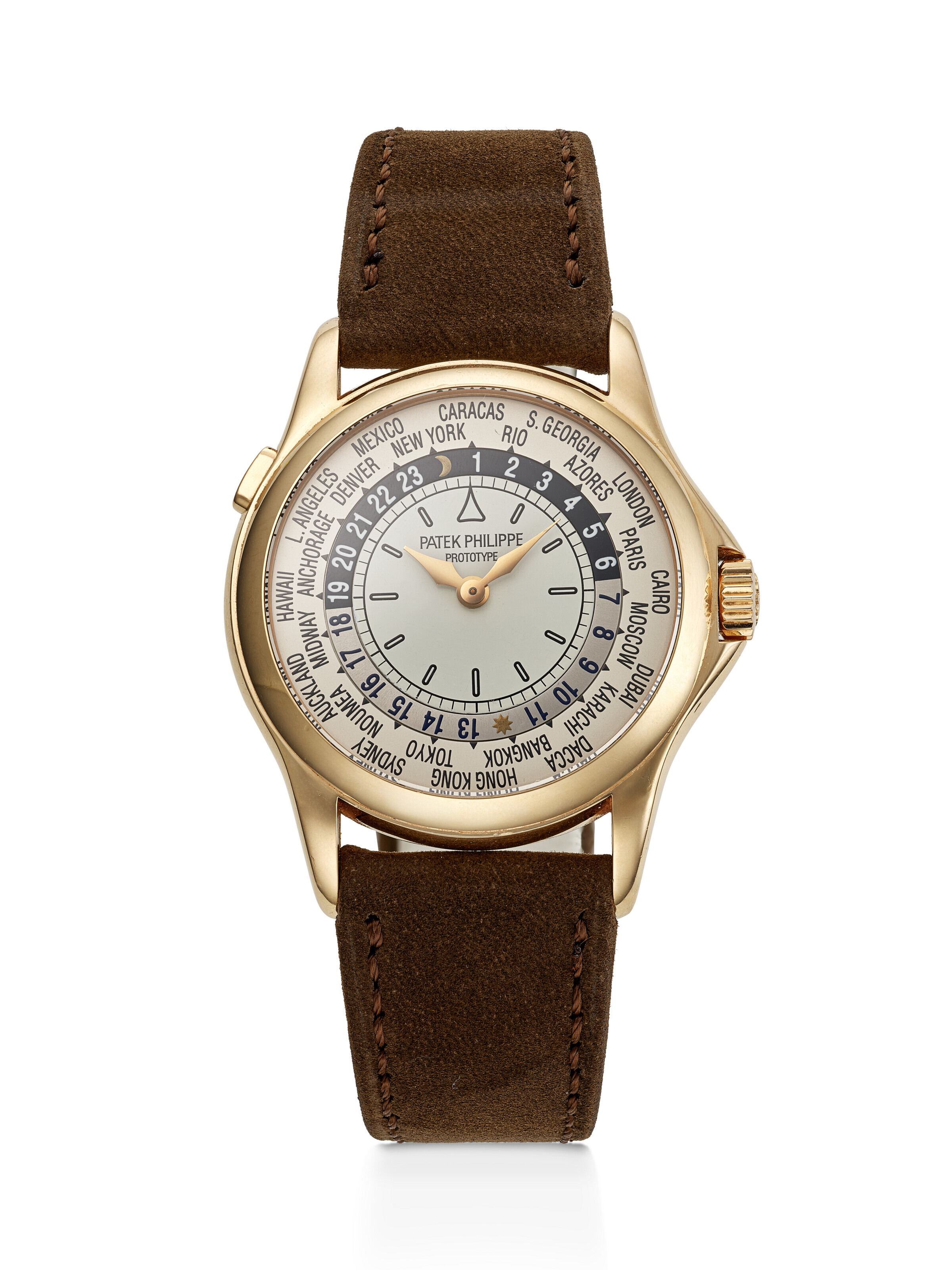 PATEK PHILIPPE, RARE PINK GOLD WORLD TIME WRISTWATCH, WITH PROTOTYPE ...