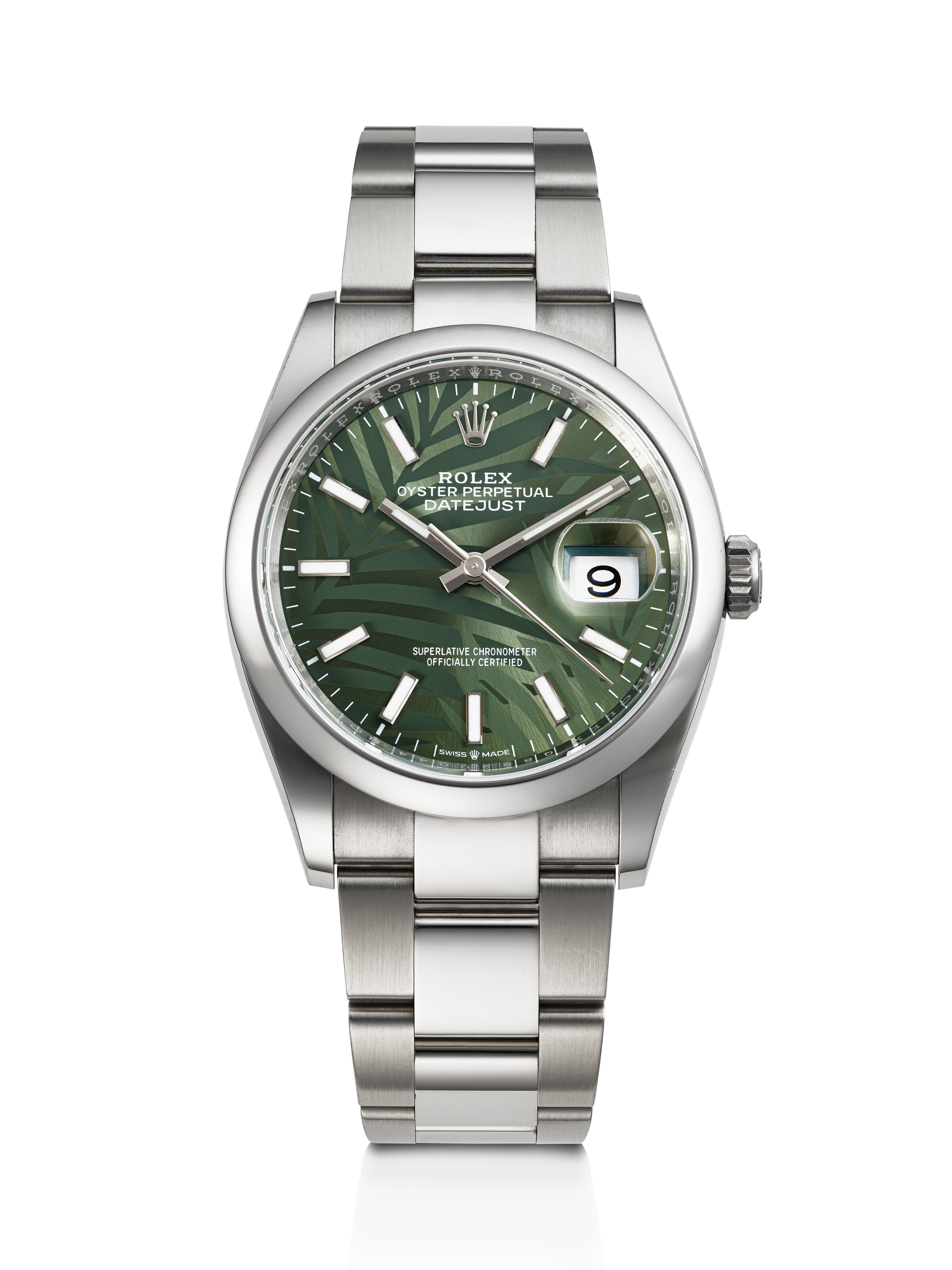 ROLEX, STAINLESS STEEL 'DATEJUST', WITH GREEN PALM MOTIF DIAL, REF ...