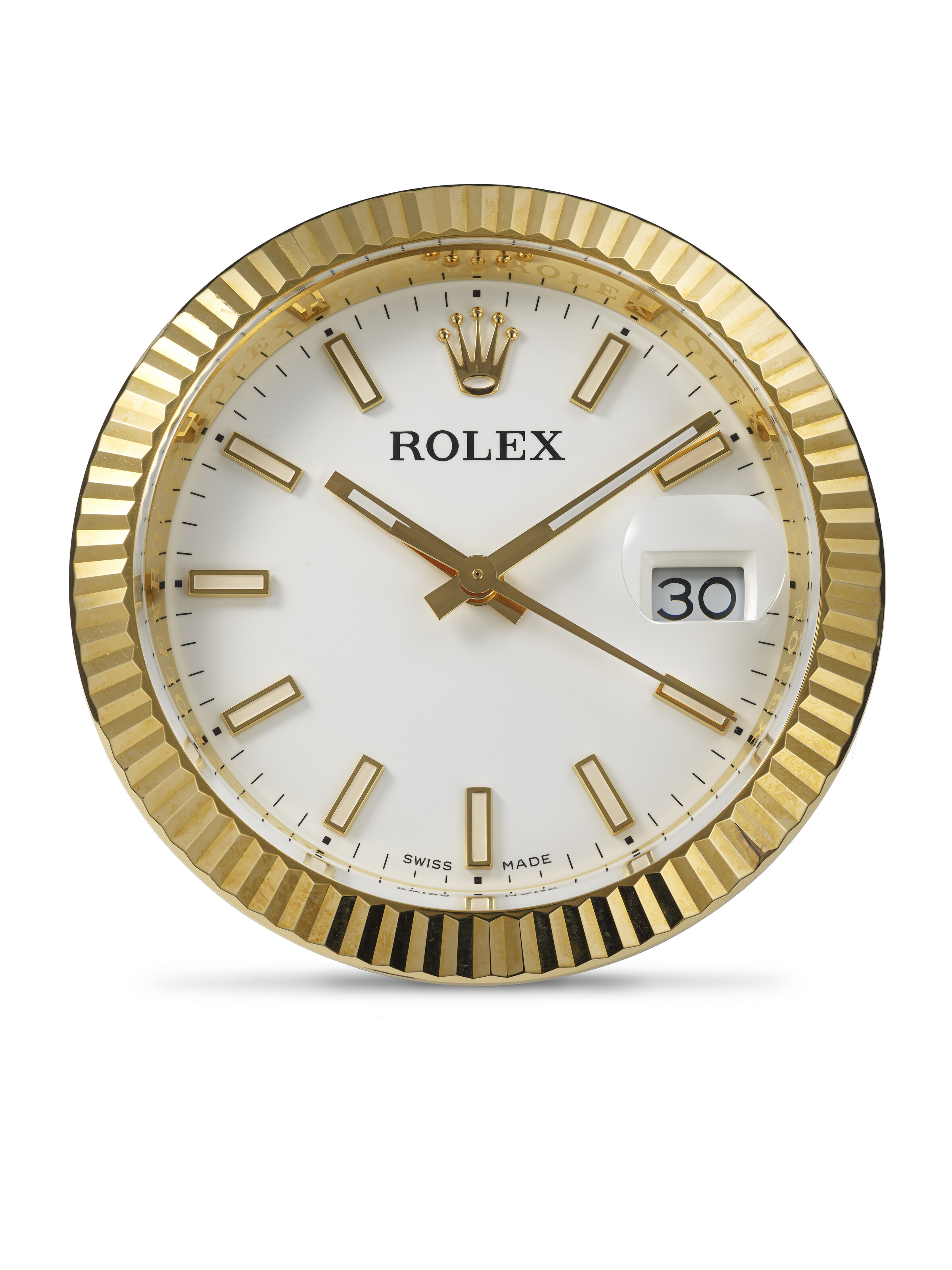 ROLEX, VERY HEAVY GILT BRASS AND GREEN LACQUER DISPLAY DESK CLOCK, REF ...