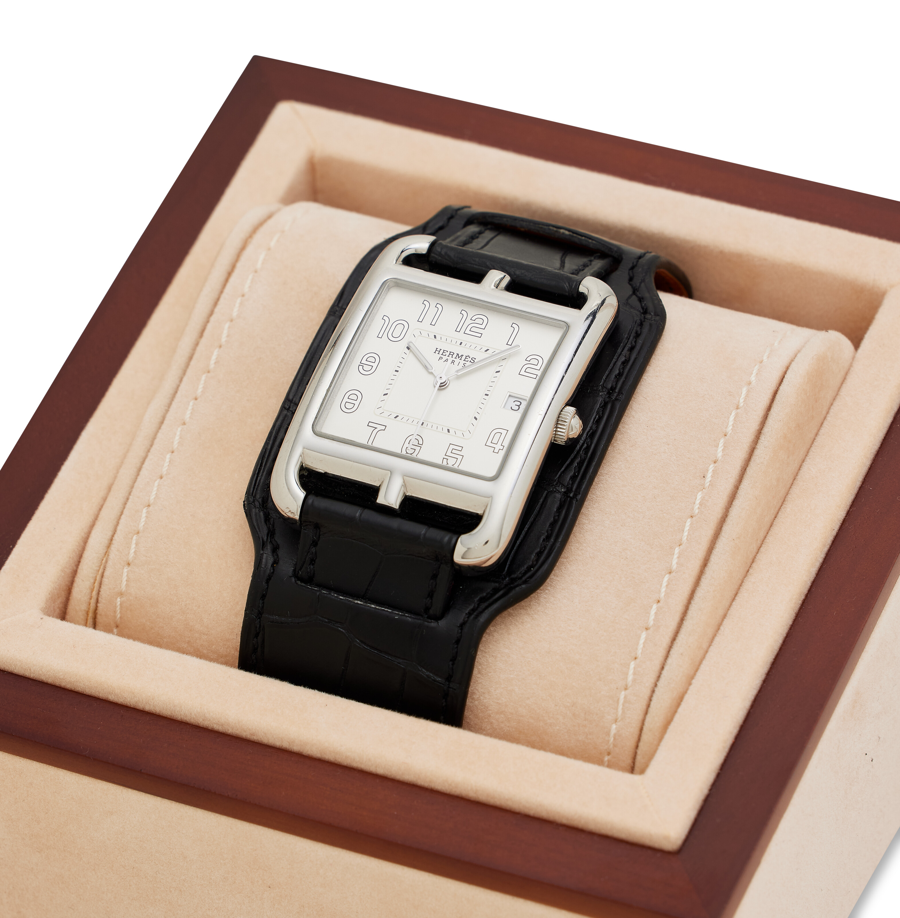 A STAINLESS STEEL CAPE COD WATCH WITH MATTE BLACK ALLIGATOR SHORT CUFF ...