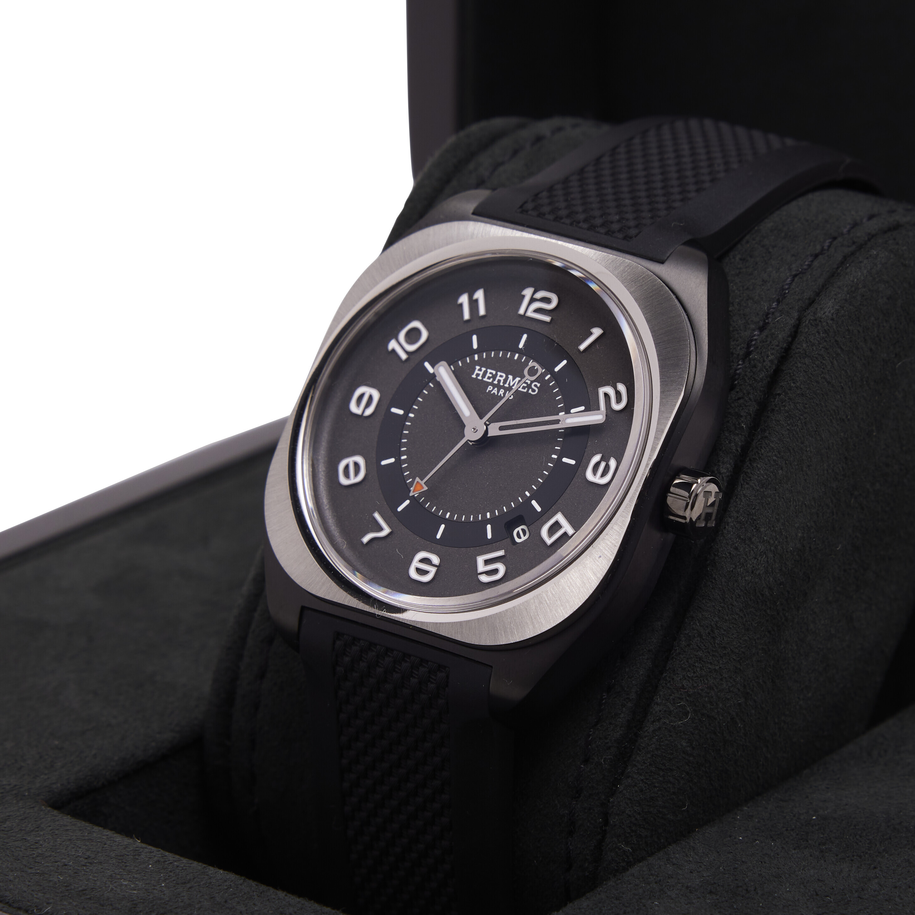 A BLACK GRAPHENE & CERAMIC H08 WATCH WITH BLACK RUBBER STRAP, HERMÈS ...