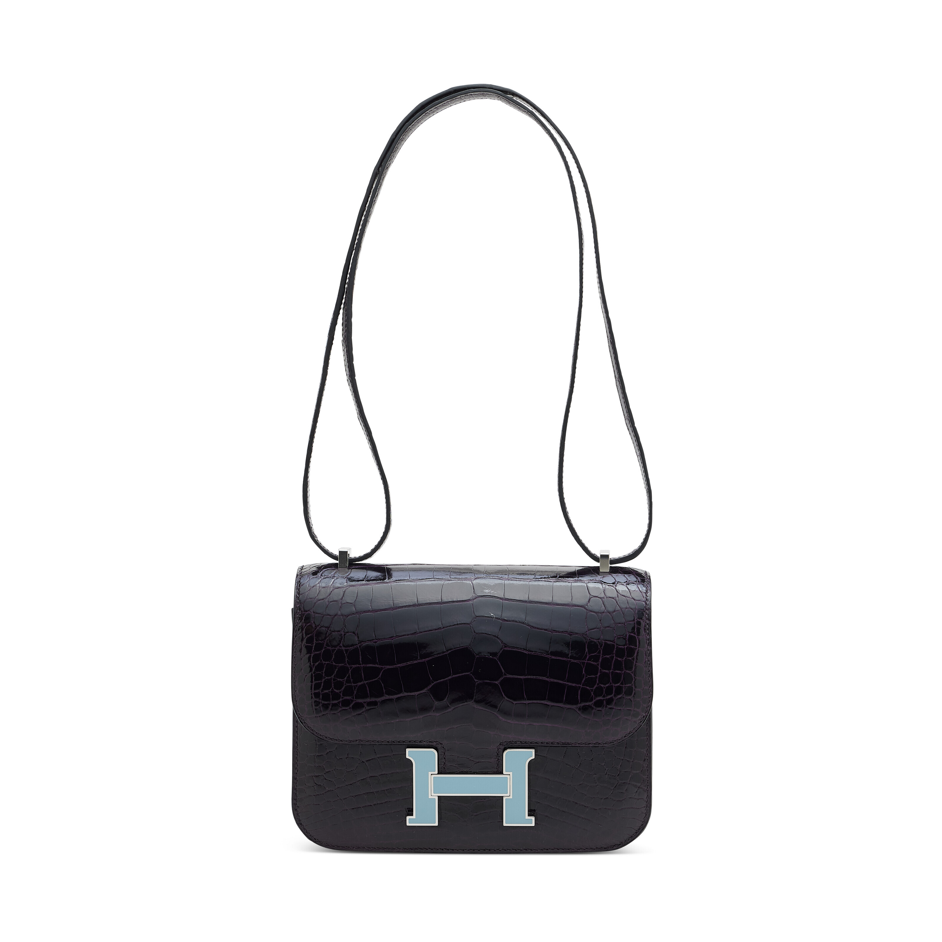 A LIMITED EDITION SHINY PRUNOIR ALLIGATOR MINI CONSTANCE 18 WITH BLEU ...