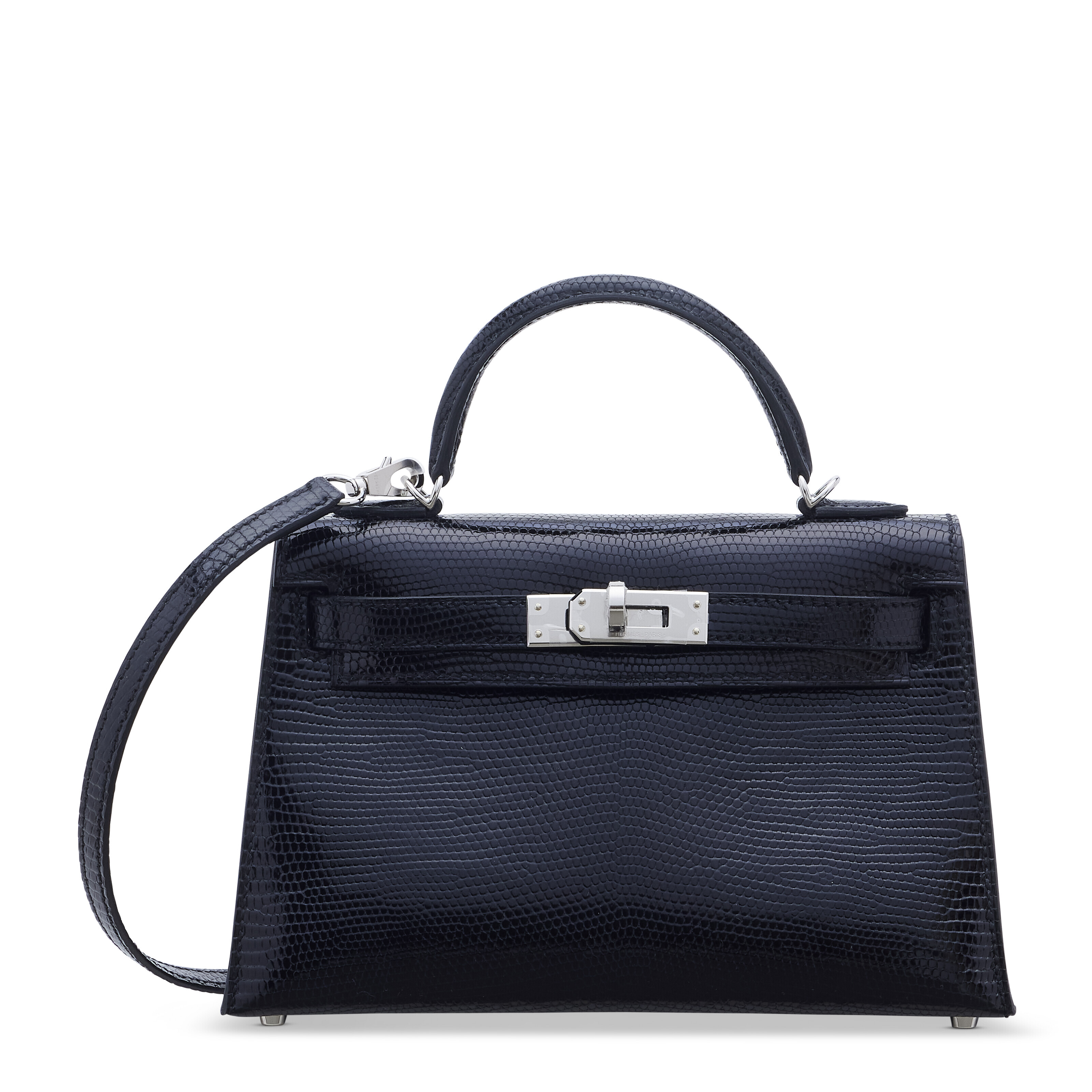 A SHINY BLACK NILOTICUS CROCODILE SELLIER KELLY 25 WITH GOLD HARDWARE ...