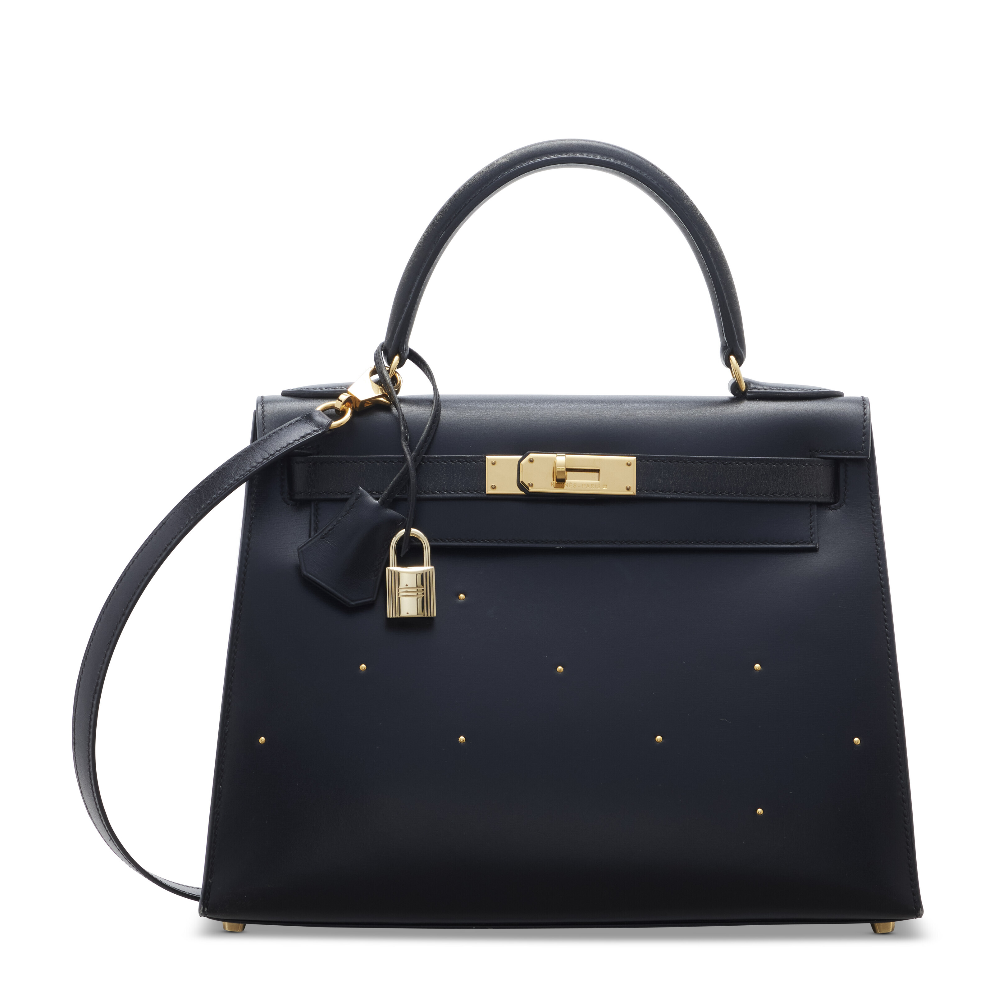 A SHINY BLACK NILOTICUS CROCODILE SELLIER KELLY 25 WITH GOLD HARDWARE ...