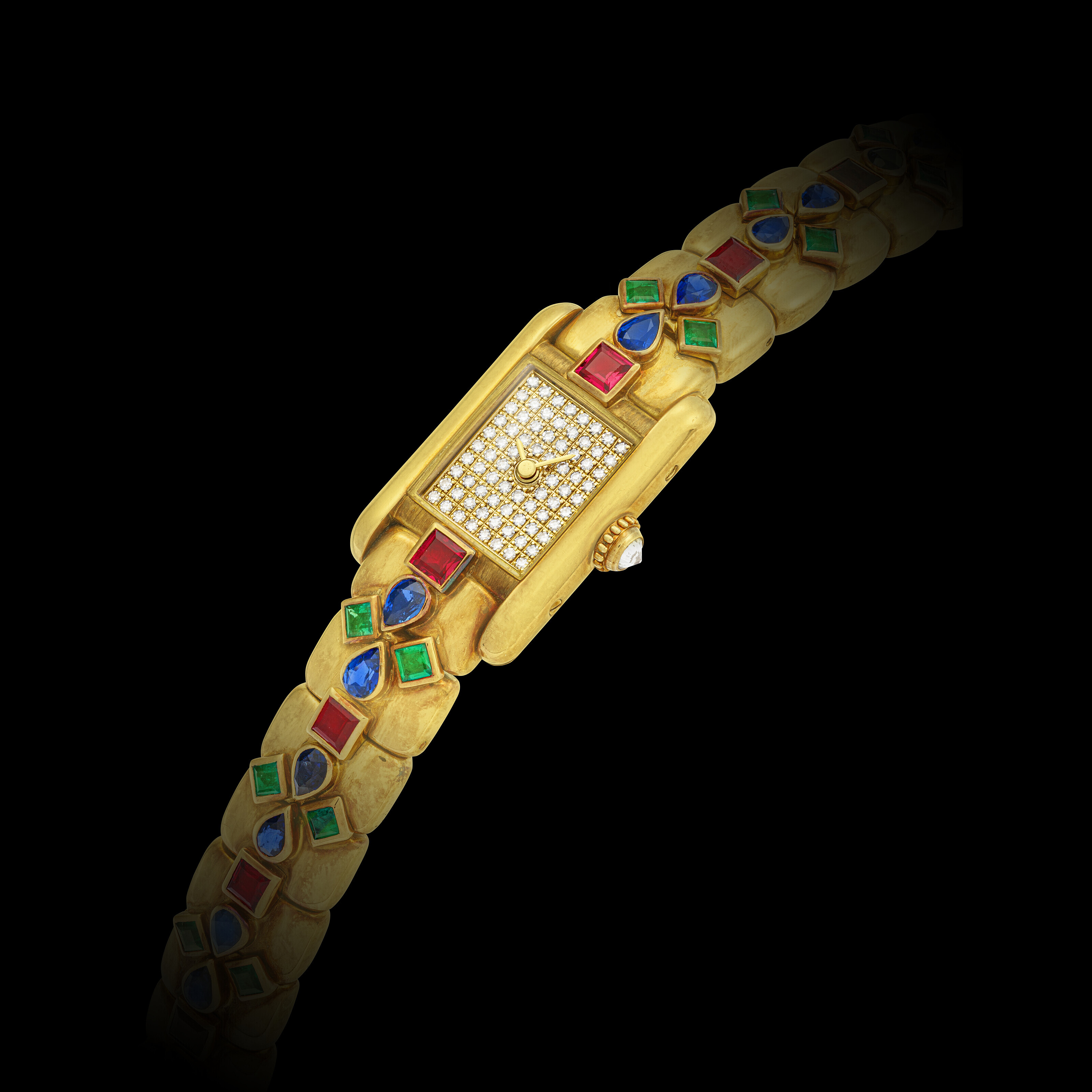 CARTIER, GOLD, DIAMOND AND MULTI-GEM BRACELET WATCH, CASE NO. C90470 ...