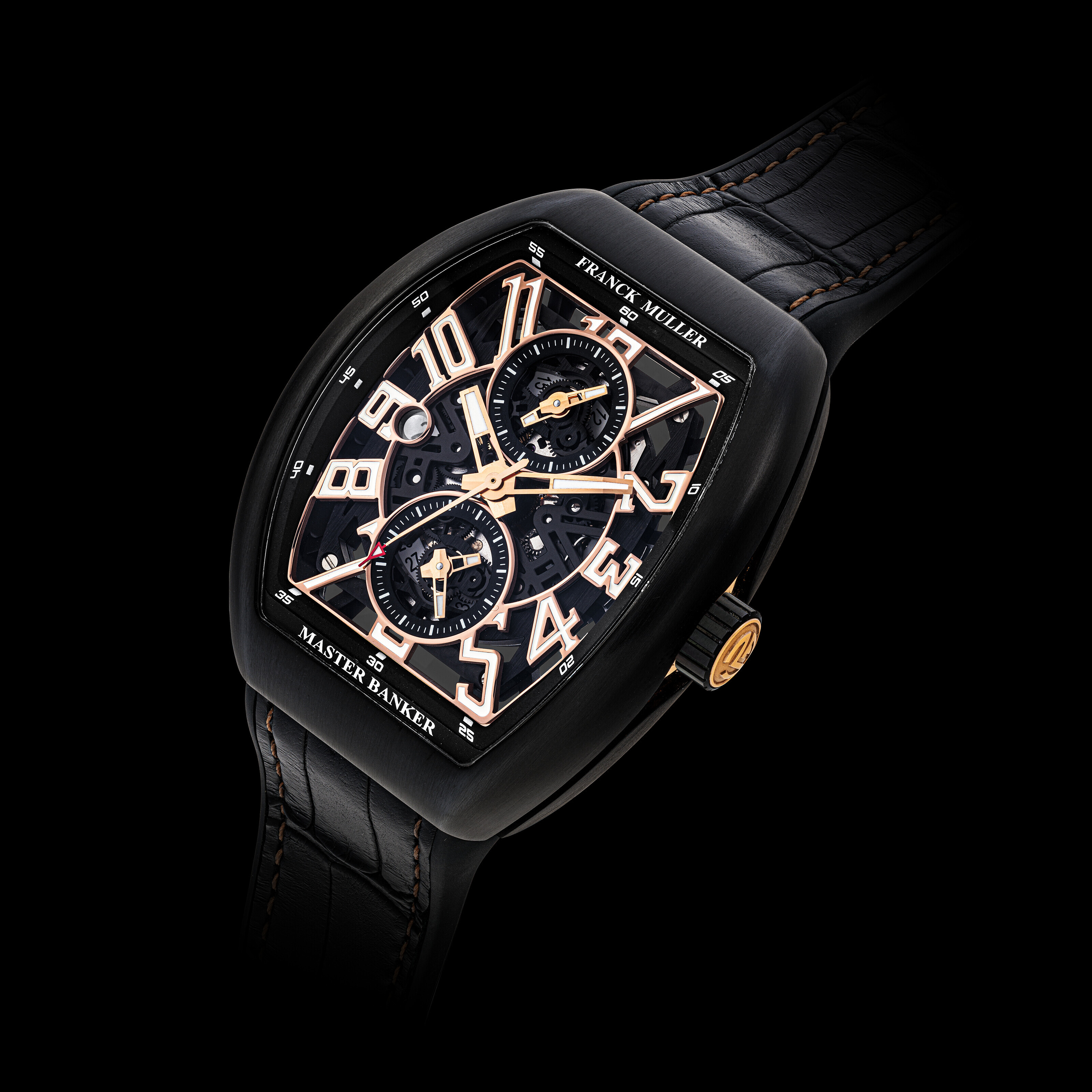 FRANCK MULLER, BLACK TITANIUM AND SKELETONISED VANGUARD MASTER BANKER ...