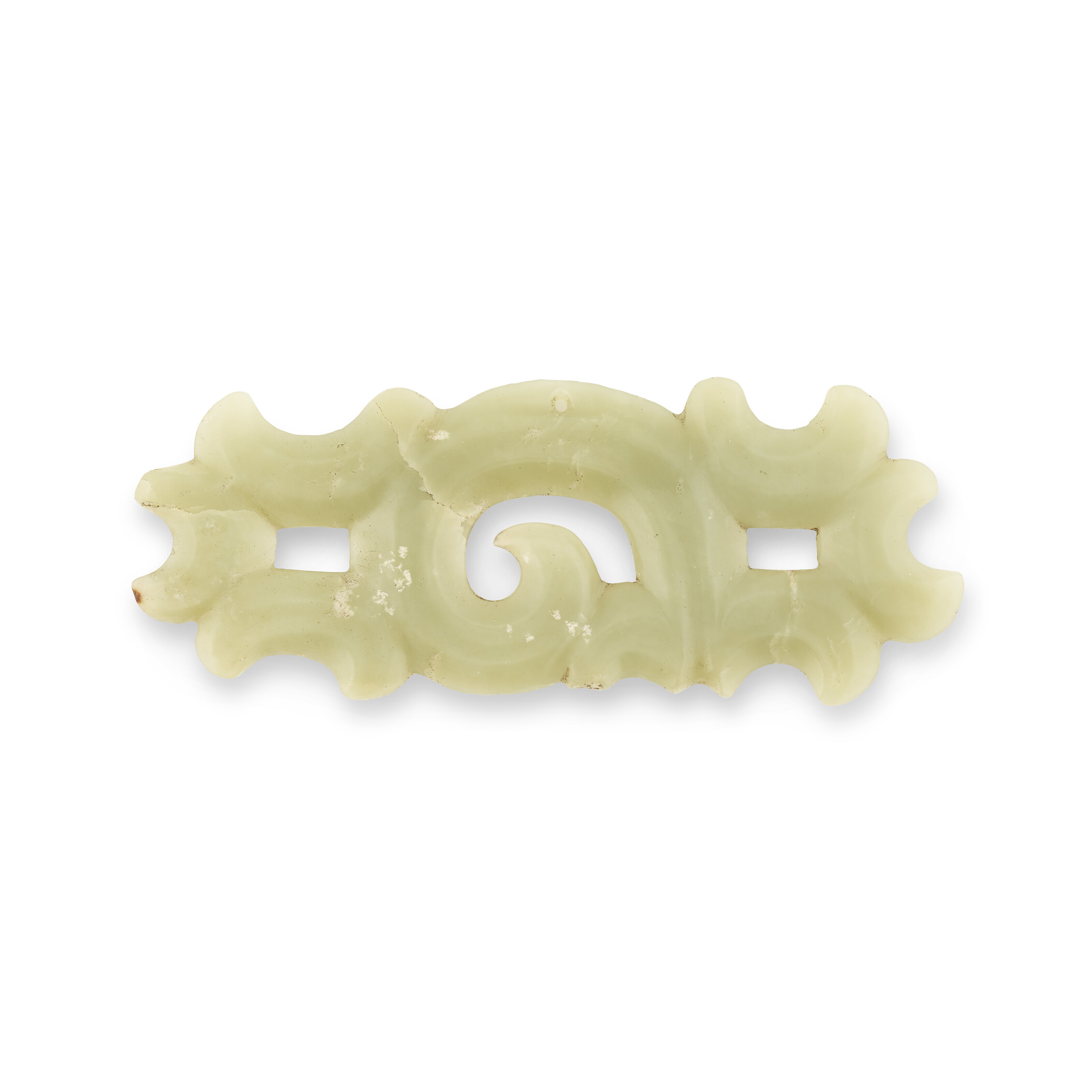 A HONGSHAN-STYLE CELADON JADE 'CLOUD SCROLL' ORNAMENT, | Christie’s