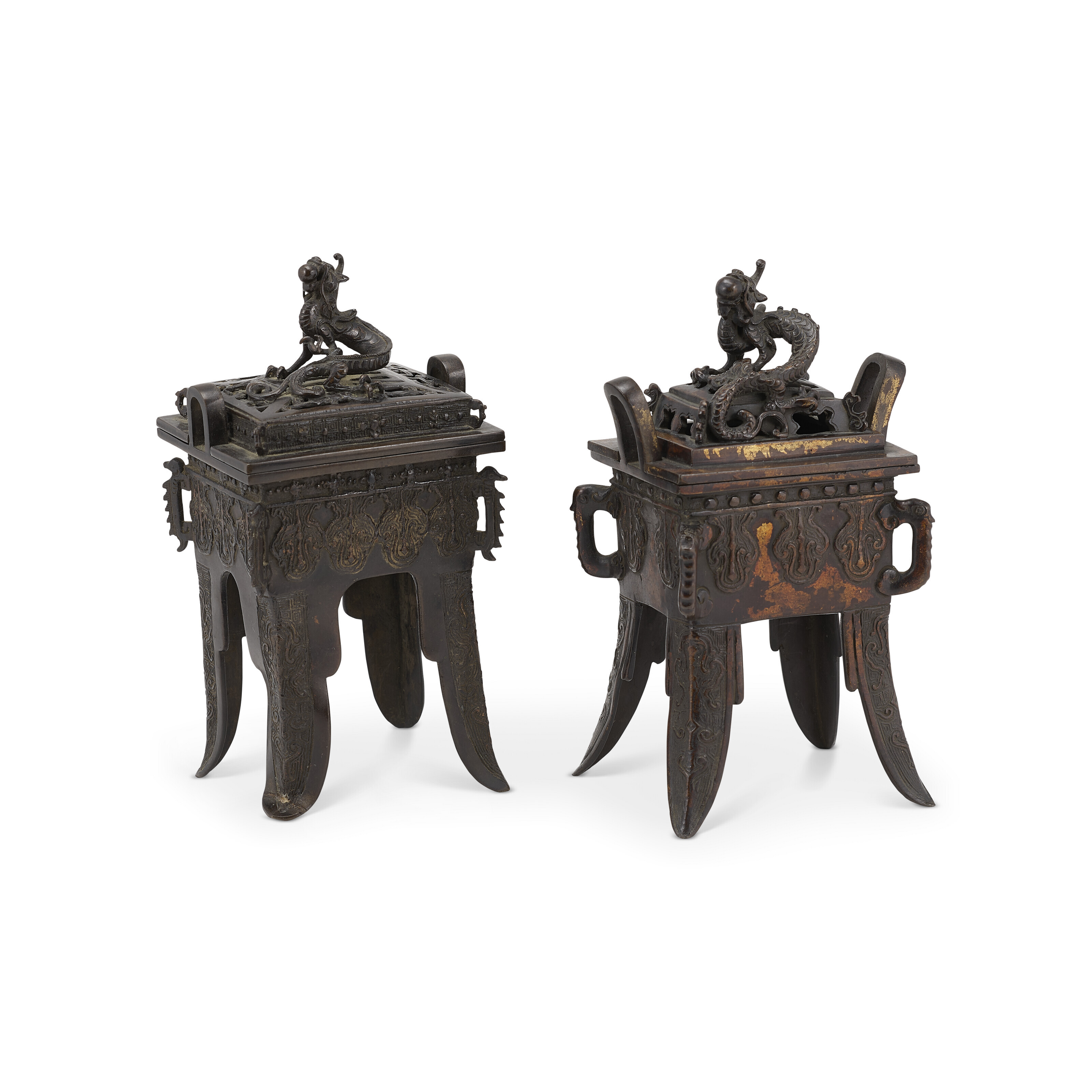 TWO GILT-BRONZE RECTANGULAR CENSERS AND COVERS, FANGDING, QING DYNASTY ...