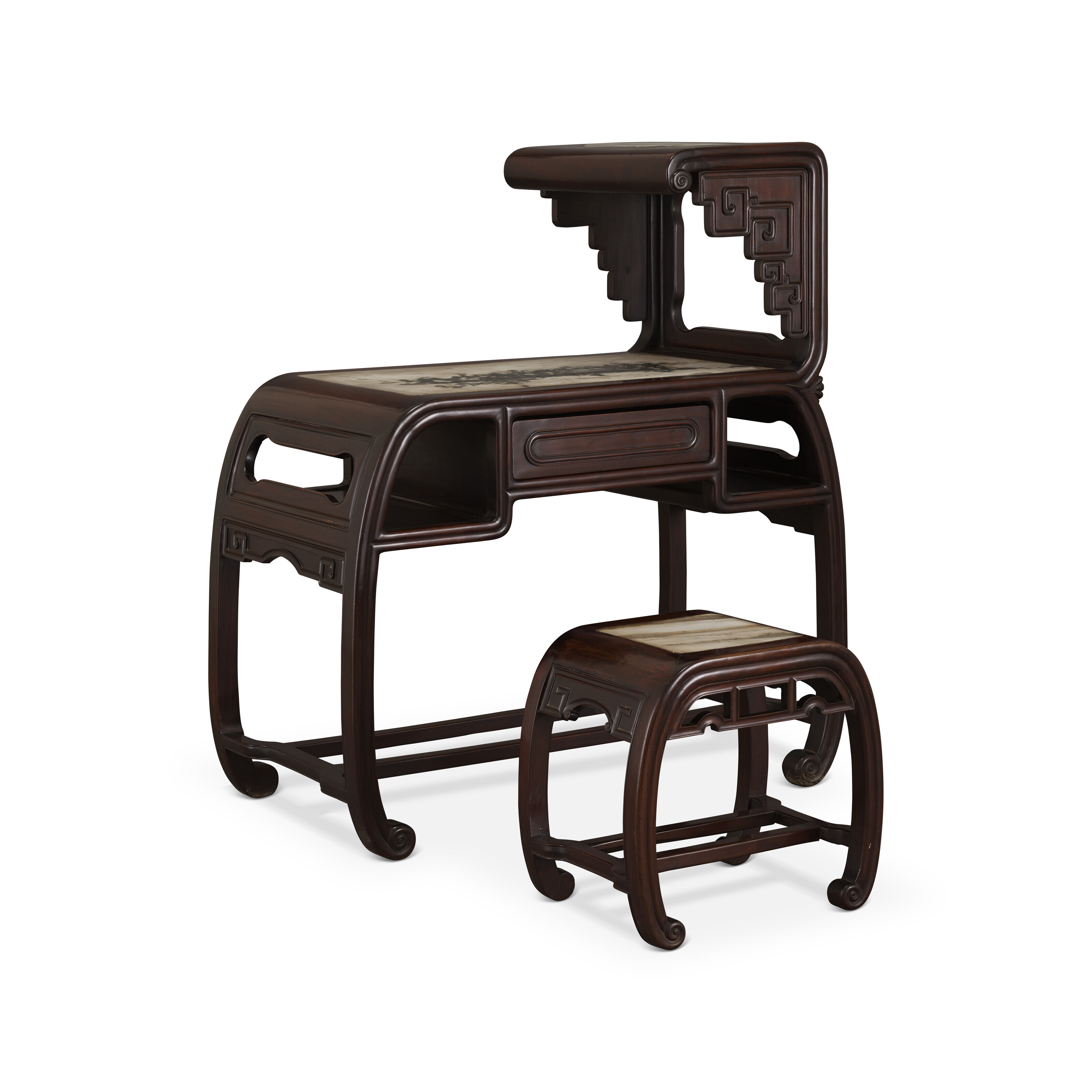 A VERY RARE ROSEWOOD AND DREAMSTONE-INSET DESK SET, 19TH CENTURY ...