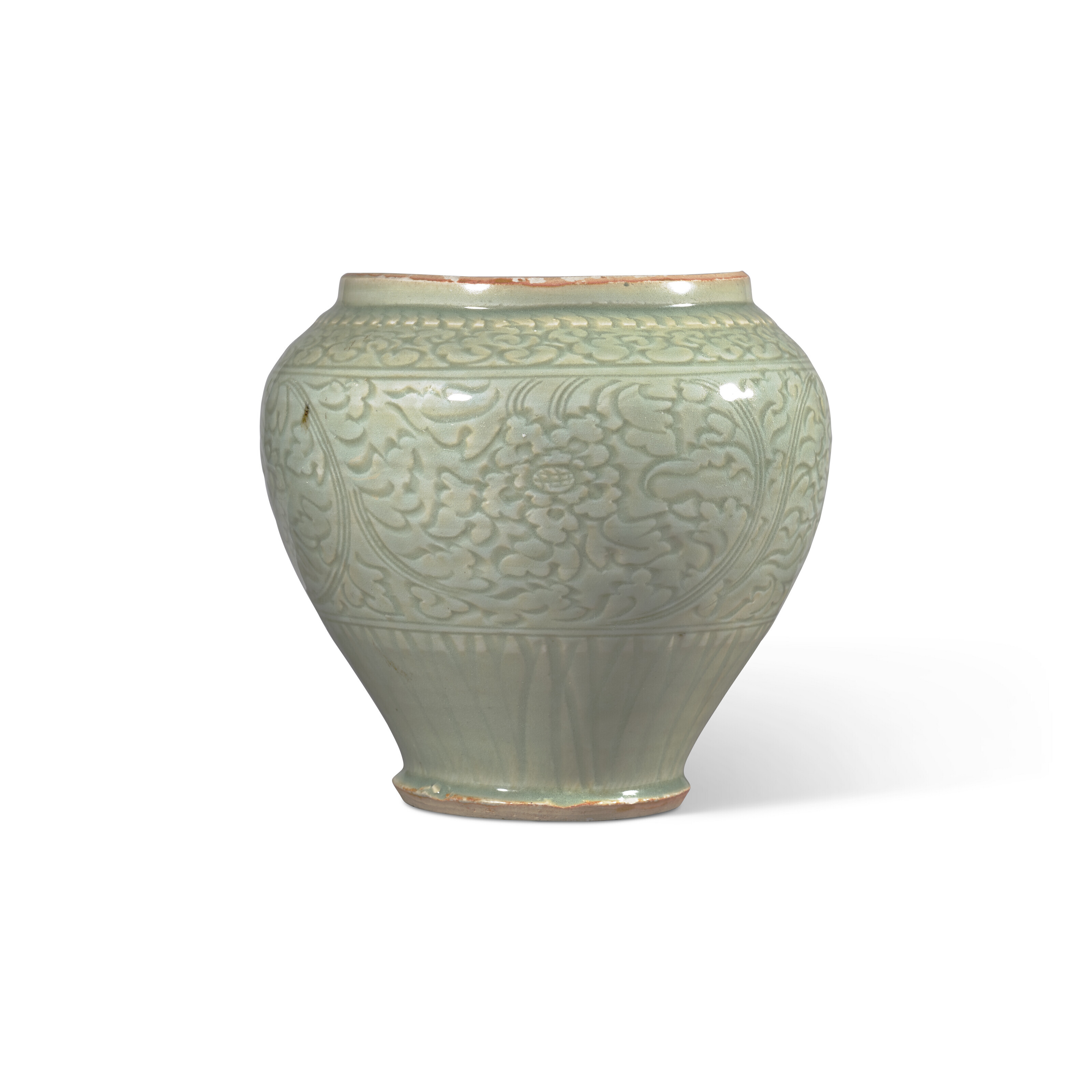 A LONGQUAN CELADON 'FLORAL SCROLL' JAR, YUAN DYNASTY (1279-1368 ...