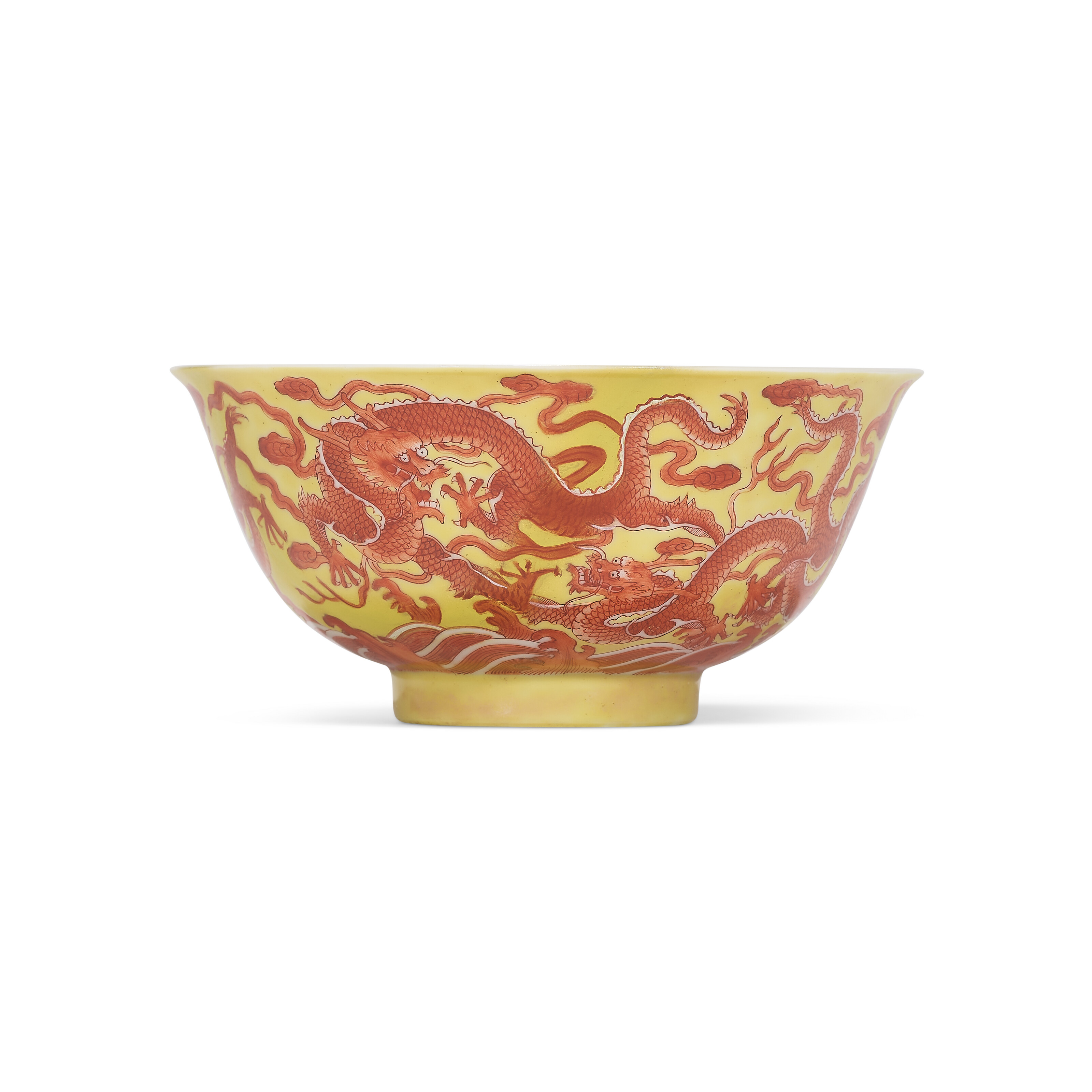 A YELLOW-GROUND AND IRON-RED 'DRAGON' BOWL, YONGZHENG SIX-CHARACTER ...