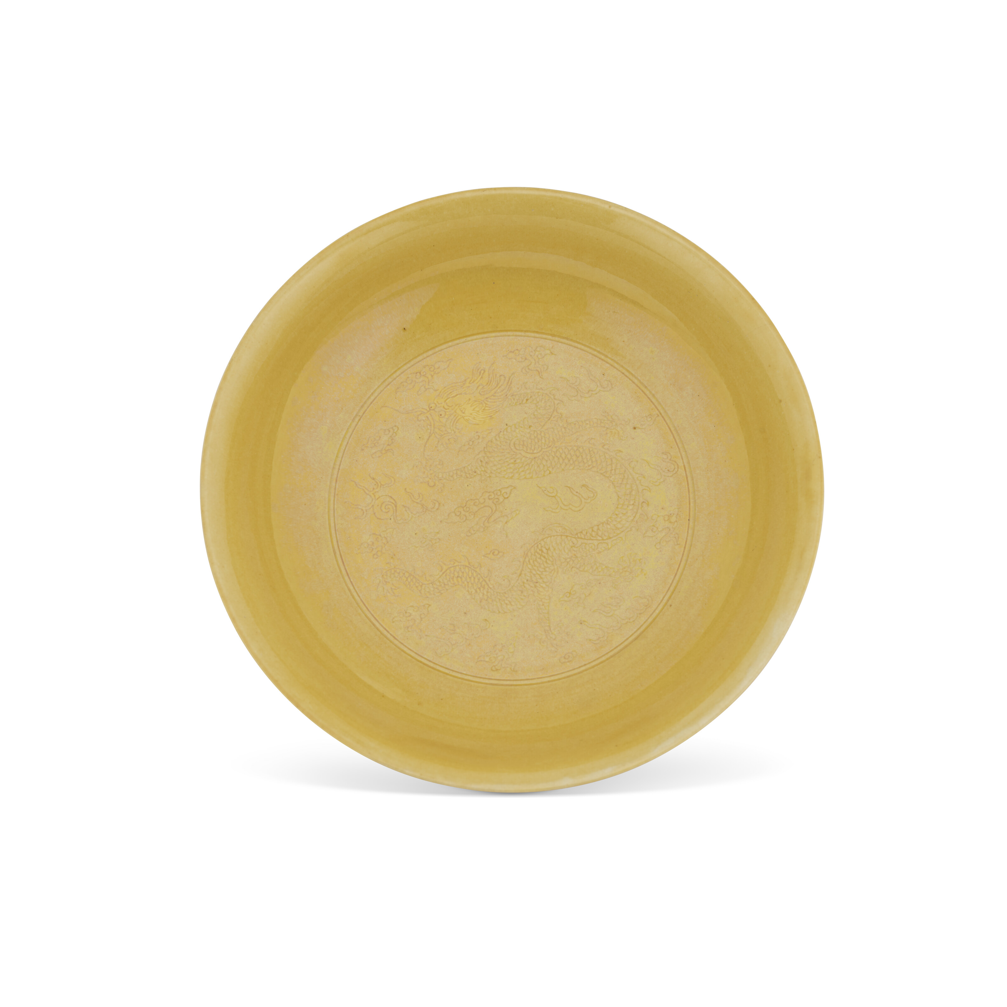 A YELLOW-ENAMELLED INCISED ‘DRAGON’ DISH, YONGZHENG SIX-CHARACTER MARK ...